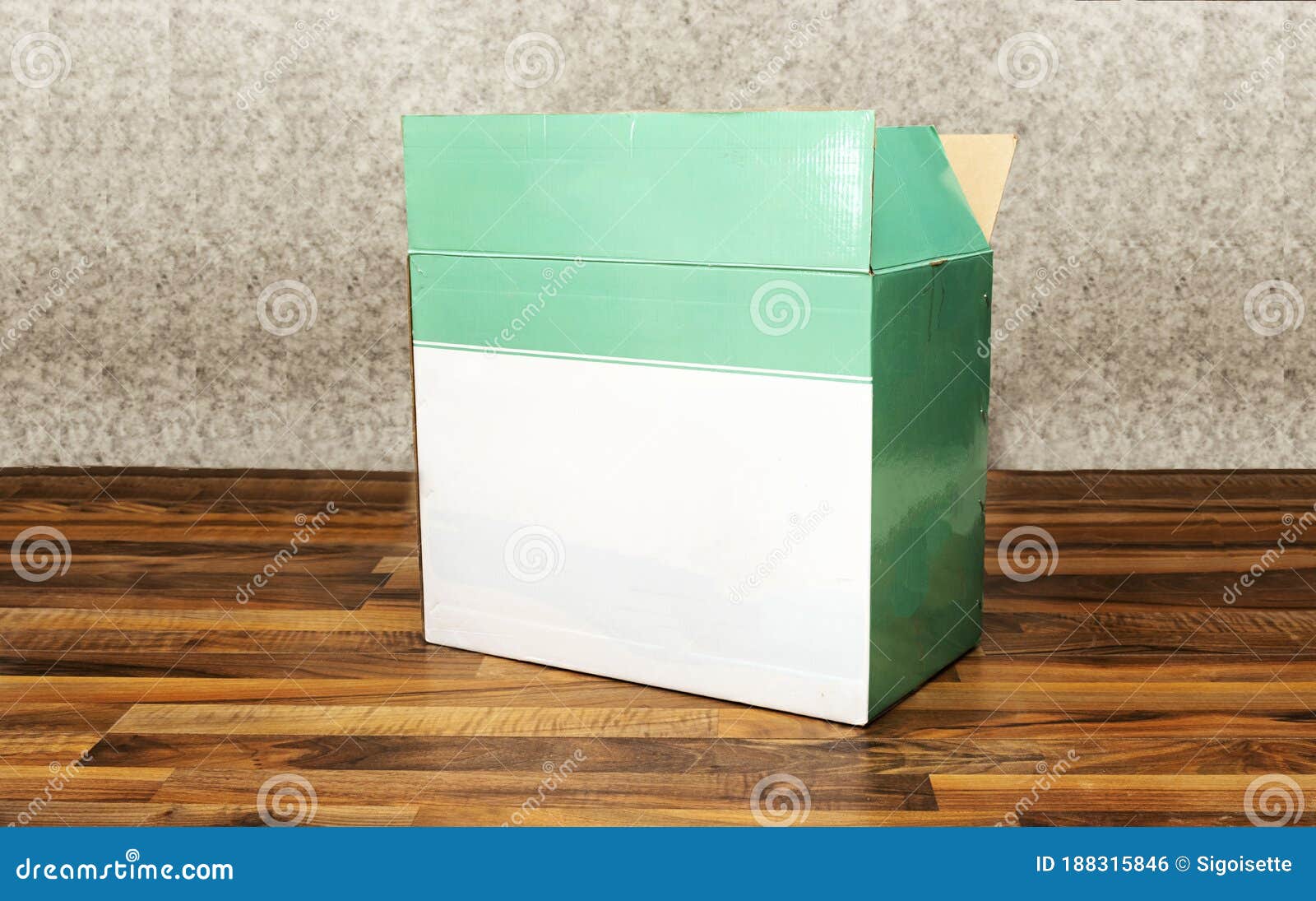 Carton Open Box on Wooden Floor Stock Photo - Image of carton ...