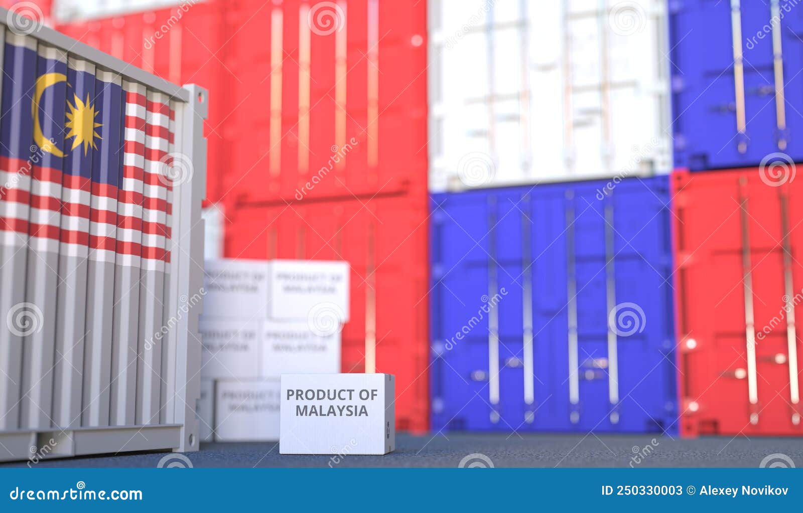 Carton with PRODUCT of MALAYSIA Text and Many Containers, 3D Rendering ...
