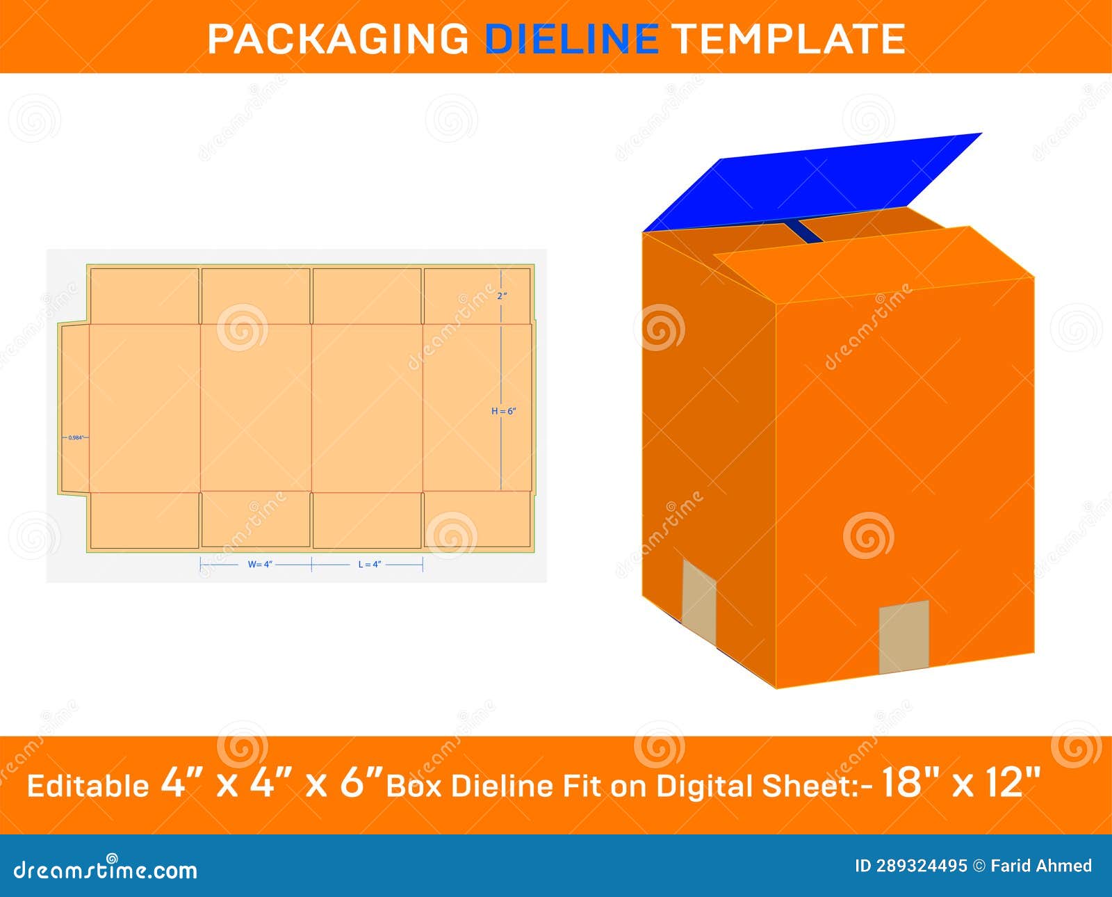 Carton Regular Slotted Container Box, Dieline Template, 4x4x6 Stock ...
