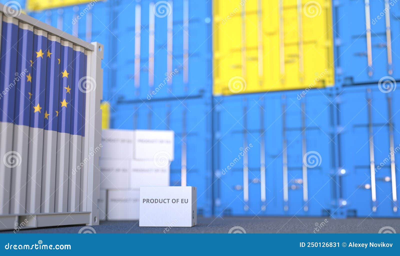 Box with PRODUCT of EU Text and Cargo Containers. 3D Rendering Stock ...