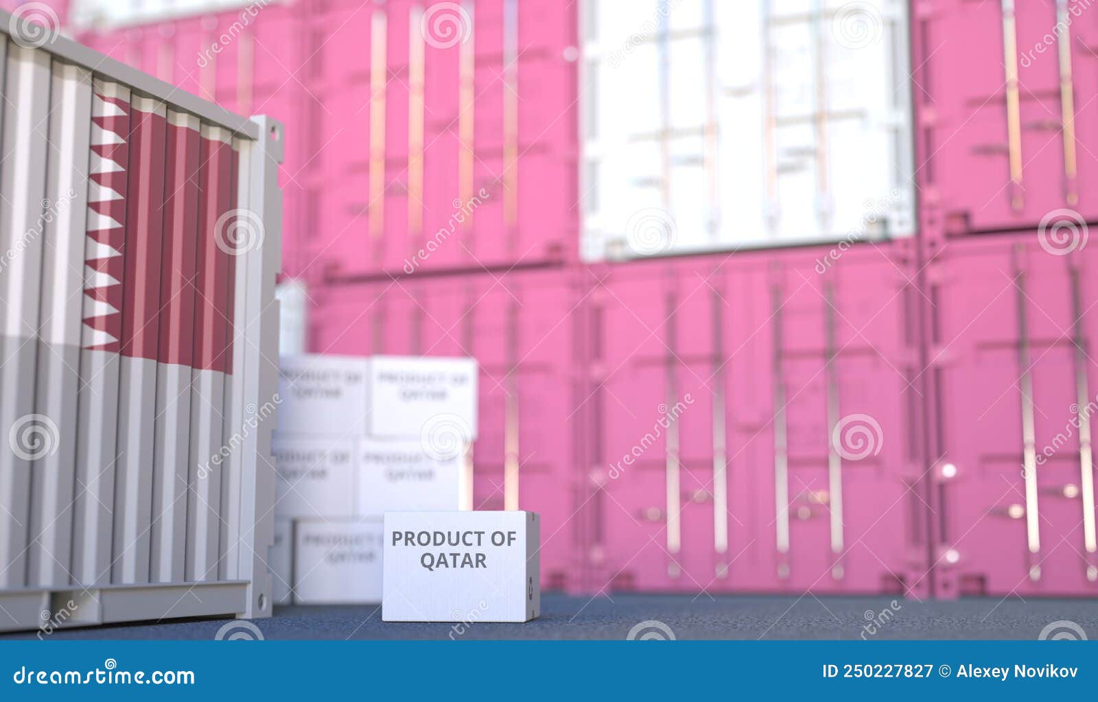 Box with PRODUCT of QATAR Text and Cargo Containers. 3D Rendering Stock ...