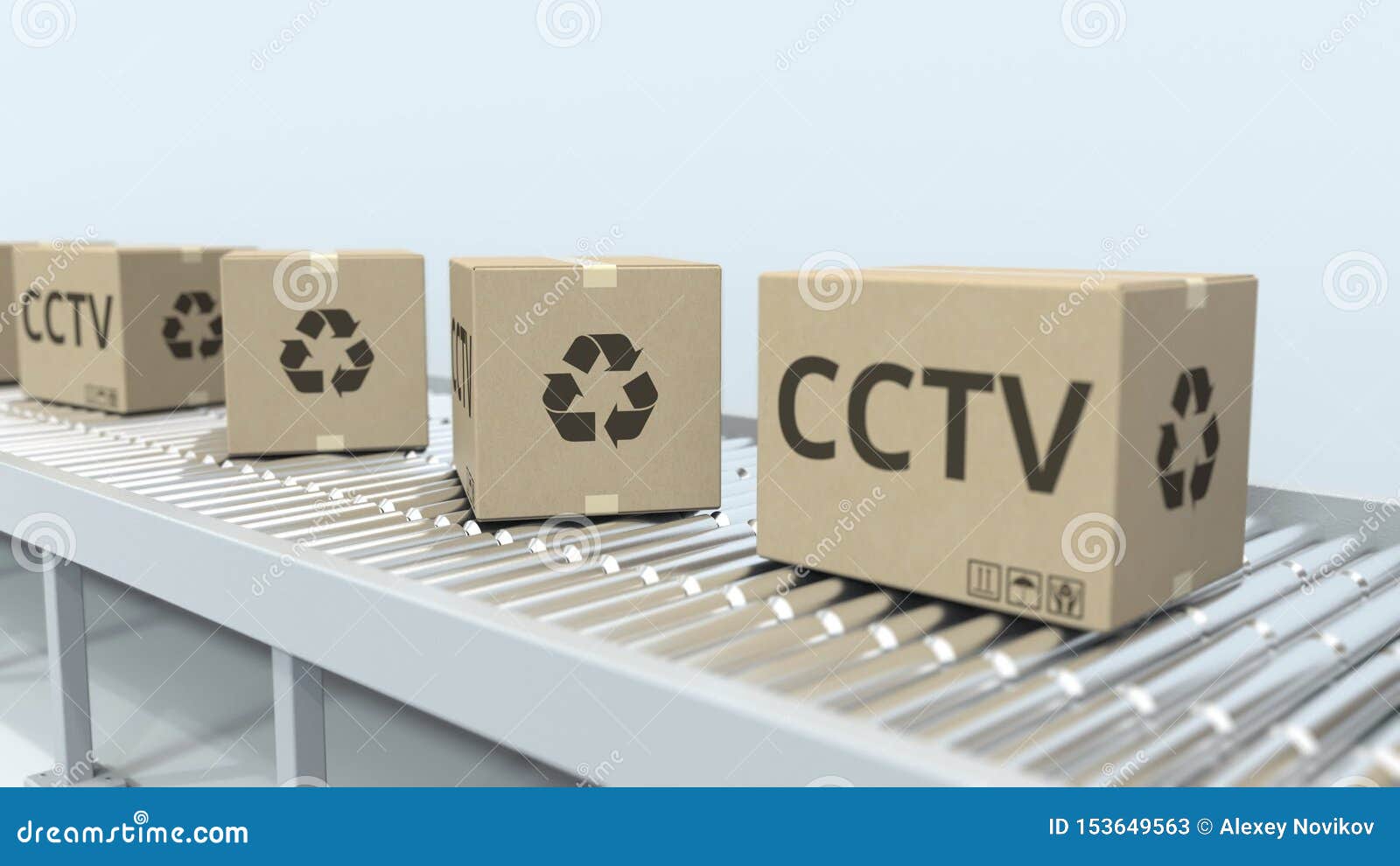 Cartons with CCTV Equipment on Roller Conveyor. 3D Rendering Stock ...