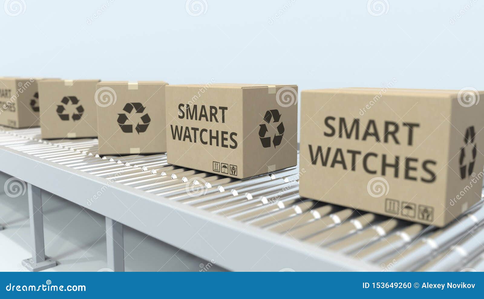 Cartons with Computer Smart Watches on Roller Conveyor. 3D Rendering ...