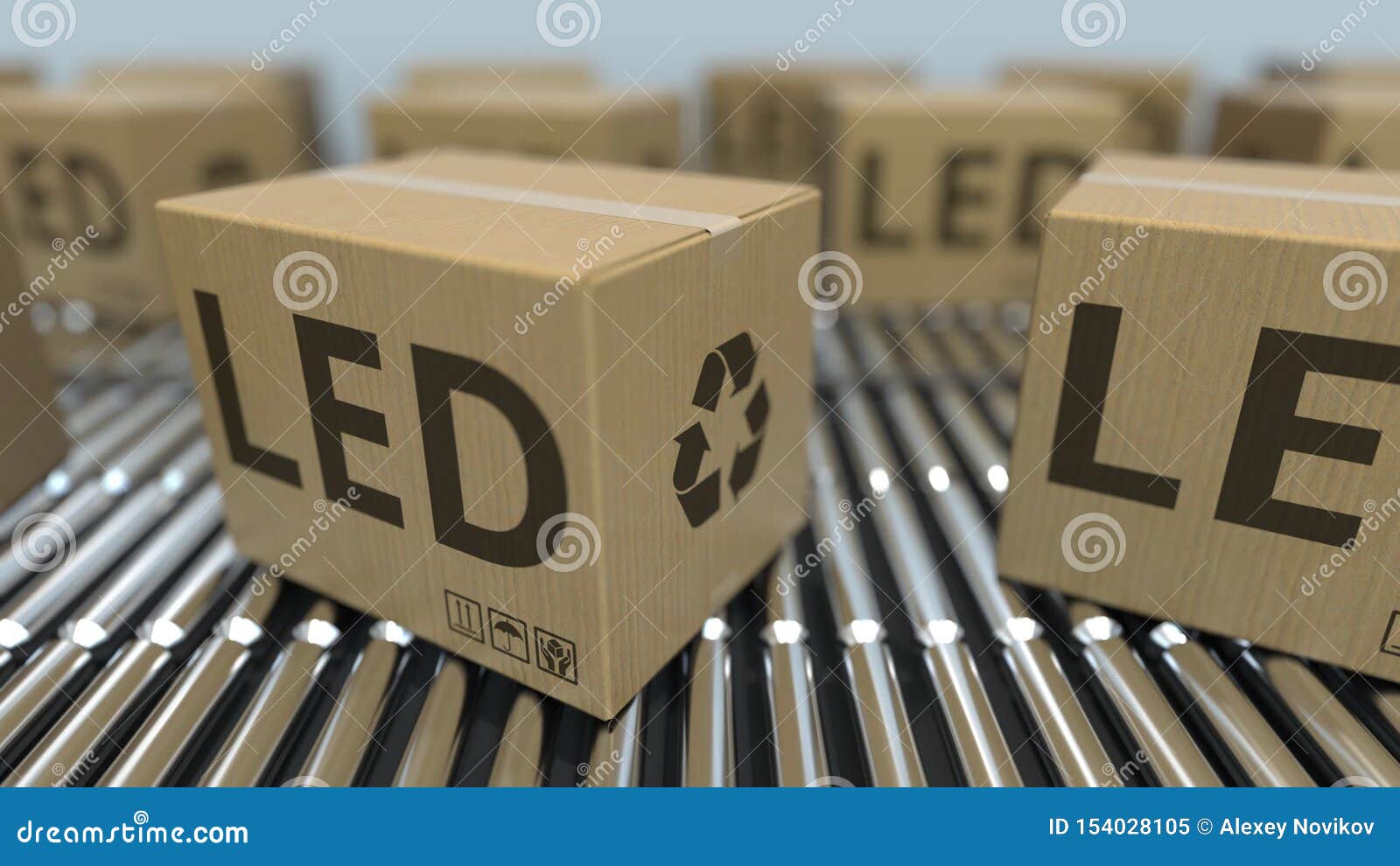 Cartons with LED Lighting Equipment on Roller Conveyors. 3D Rendering ...