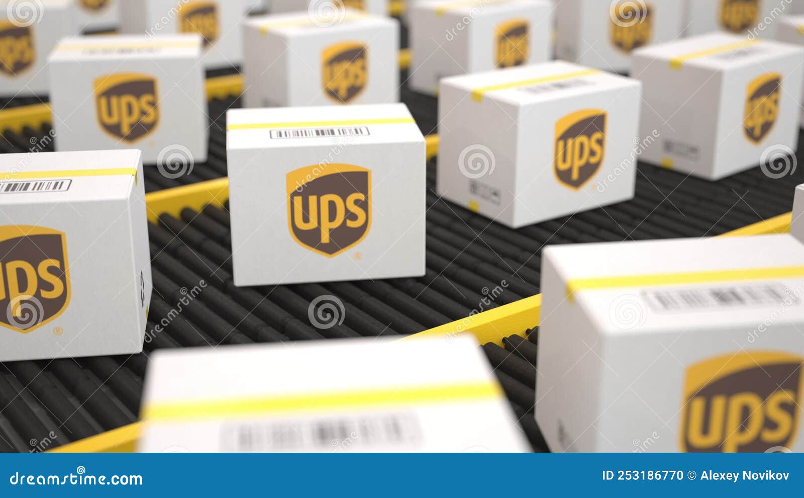 Logo of UPS on the White Boxes on the Conveyor. Editorial Loopable 3D ...