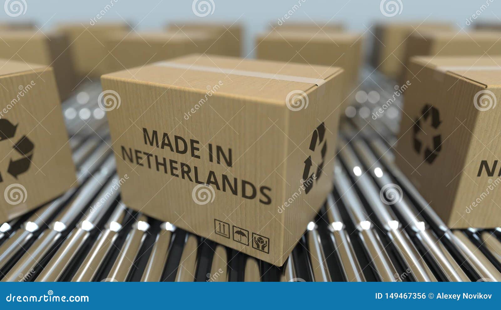 Cartons with MADE in NETHERLANDS Text on Roller Conveyor. Dutch Goods ...