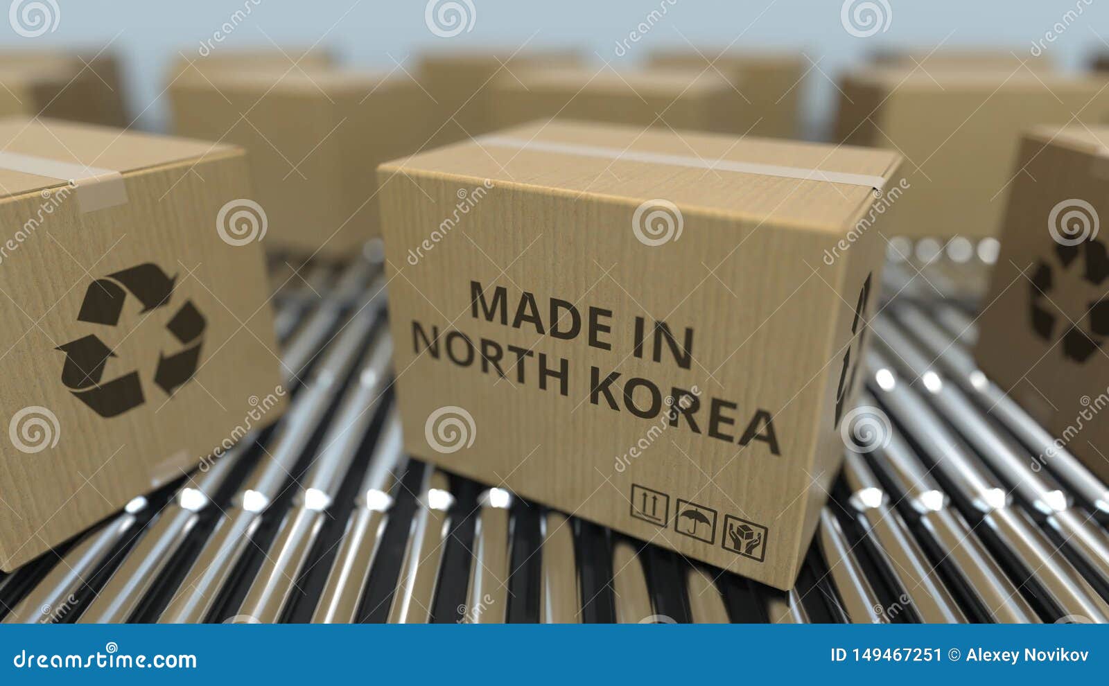 Cartons with MADE in NORTH KOREA Text on Roller Conveyor. Korean Goods ...