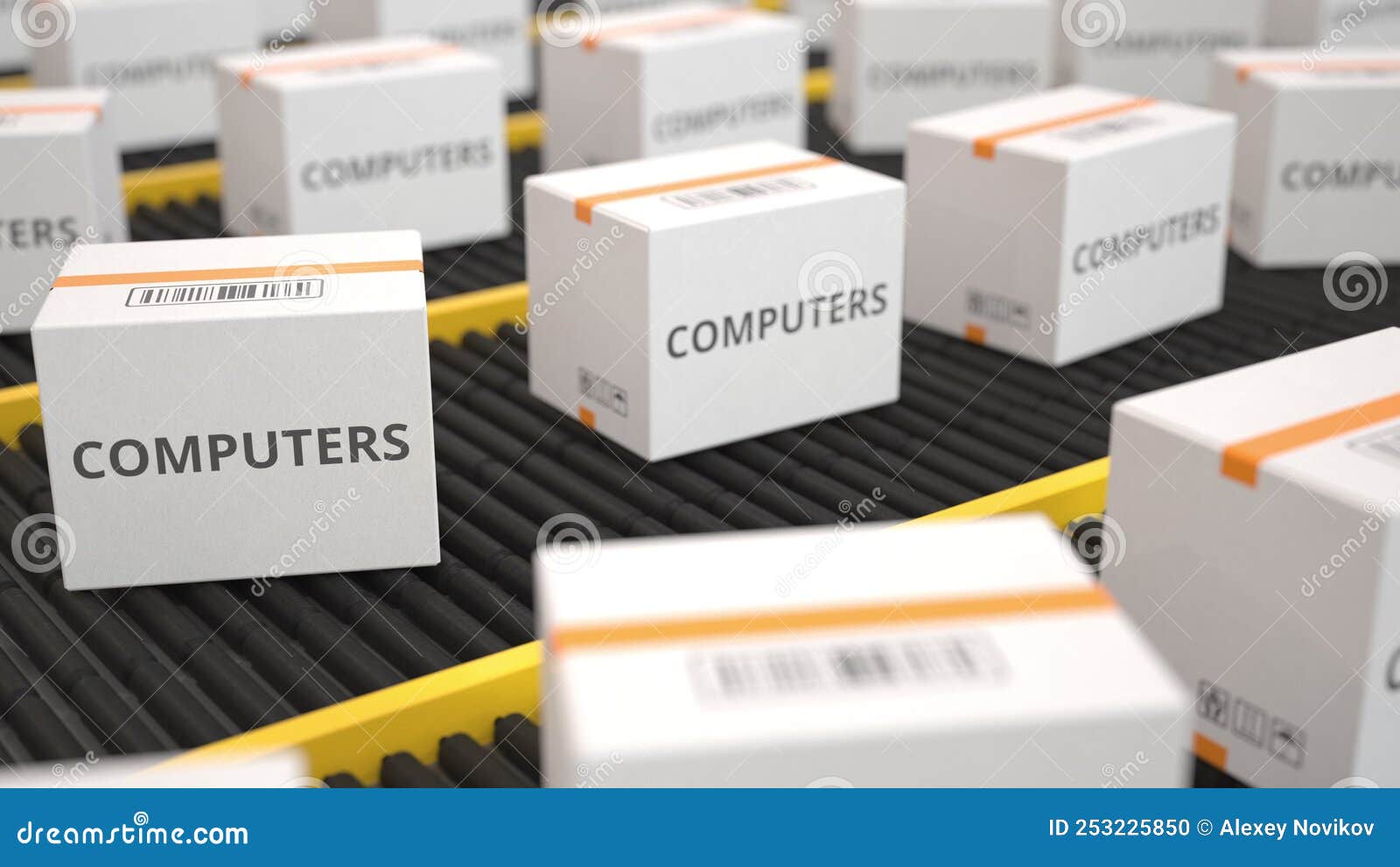 COMPUTERS Text on White Cartons Moving Along the Conveyor. 3D Rendering ...
