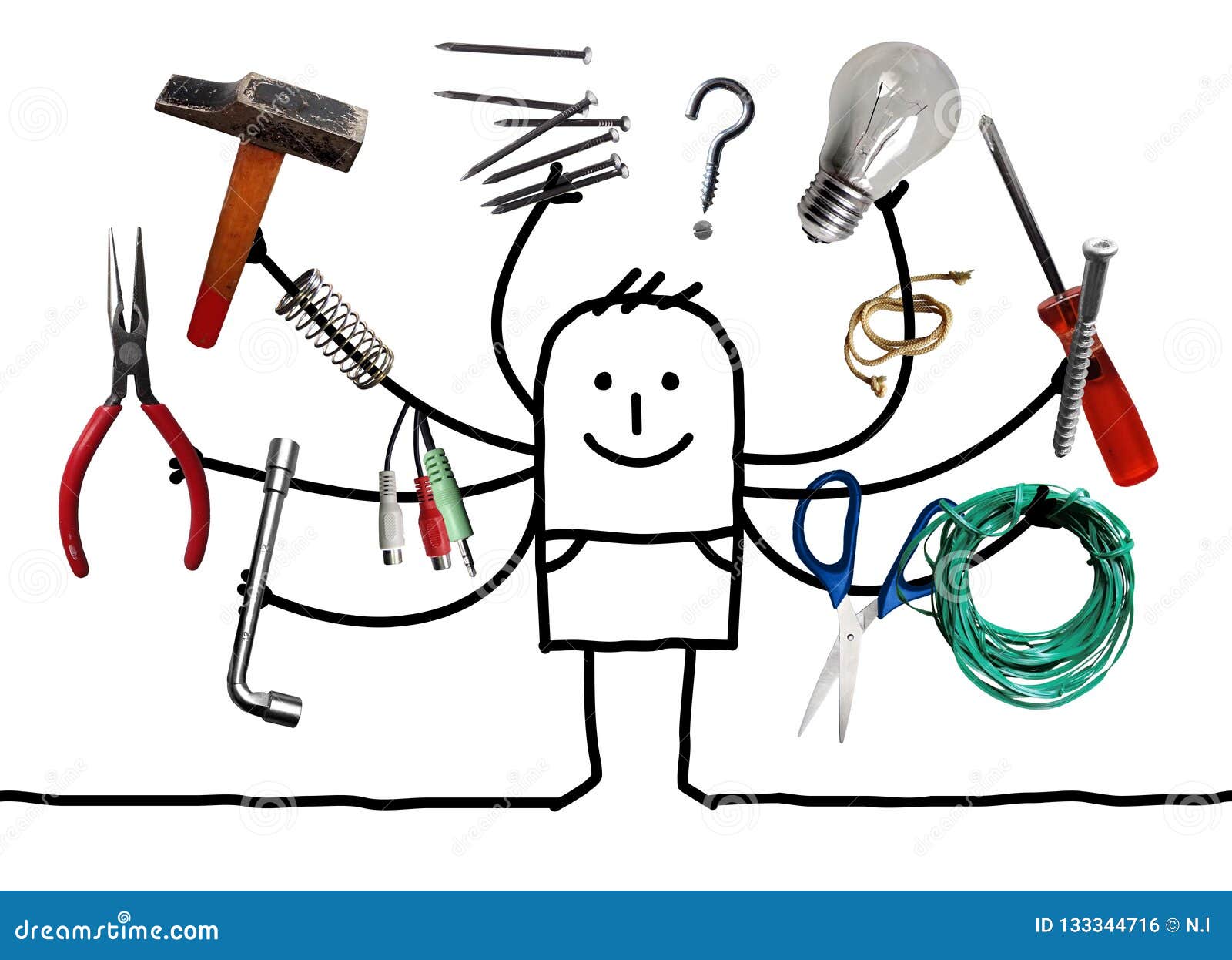 Cartoo Man with Multi Tools in Hands Stock Illustration - Illustration ...