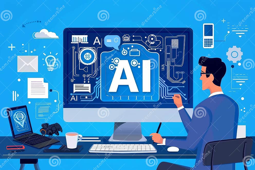 Cartoon of AI Developer at Workspace, Creative AI Programming, Digital ...