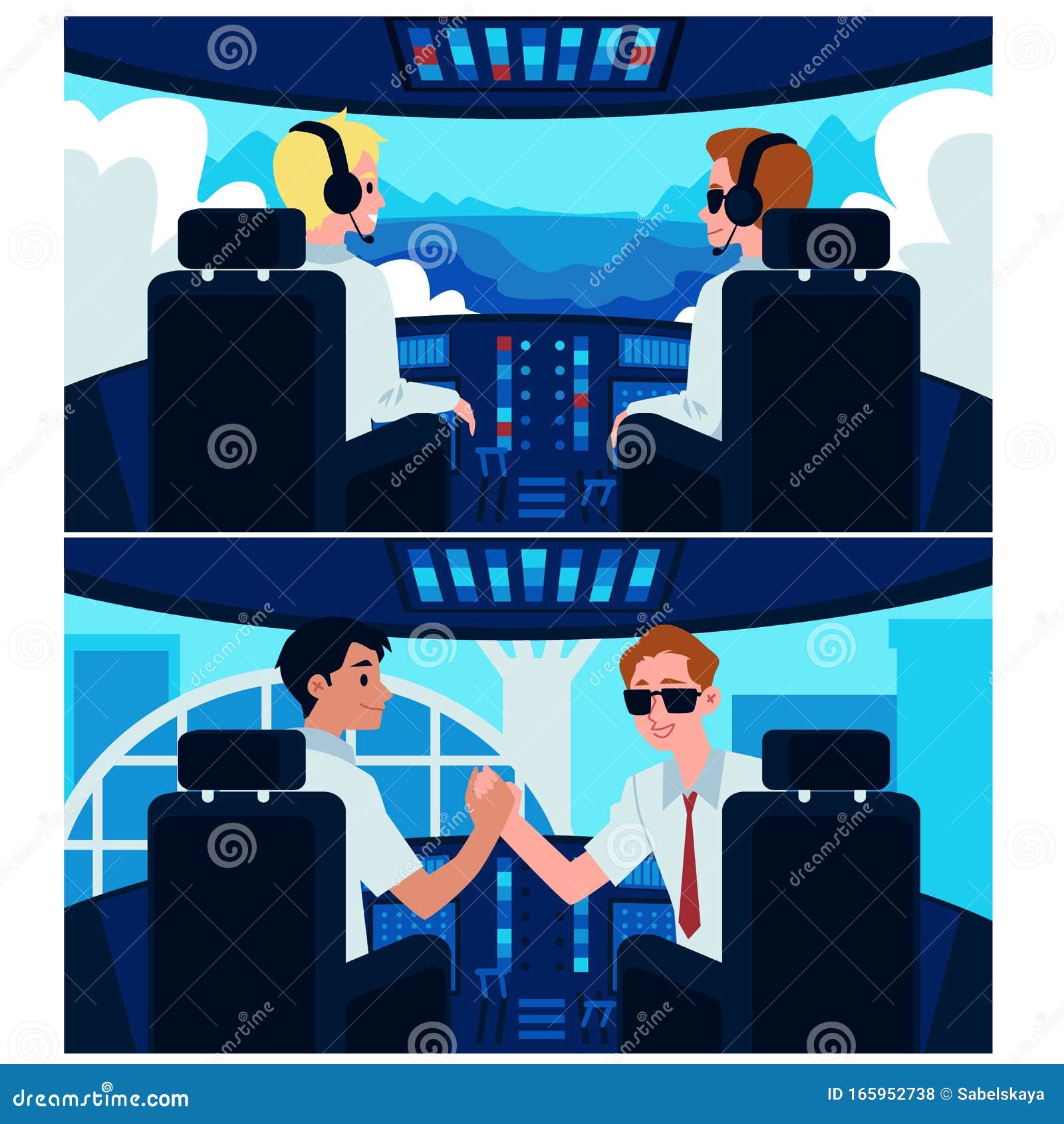 Cartoon Airplane Cockpit Interior with Plane Captain and Second Pilot ...