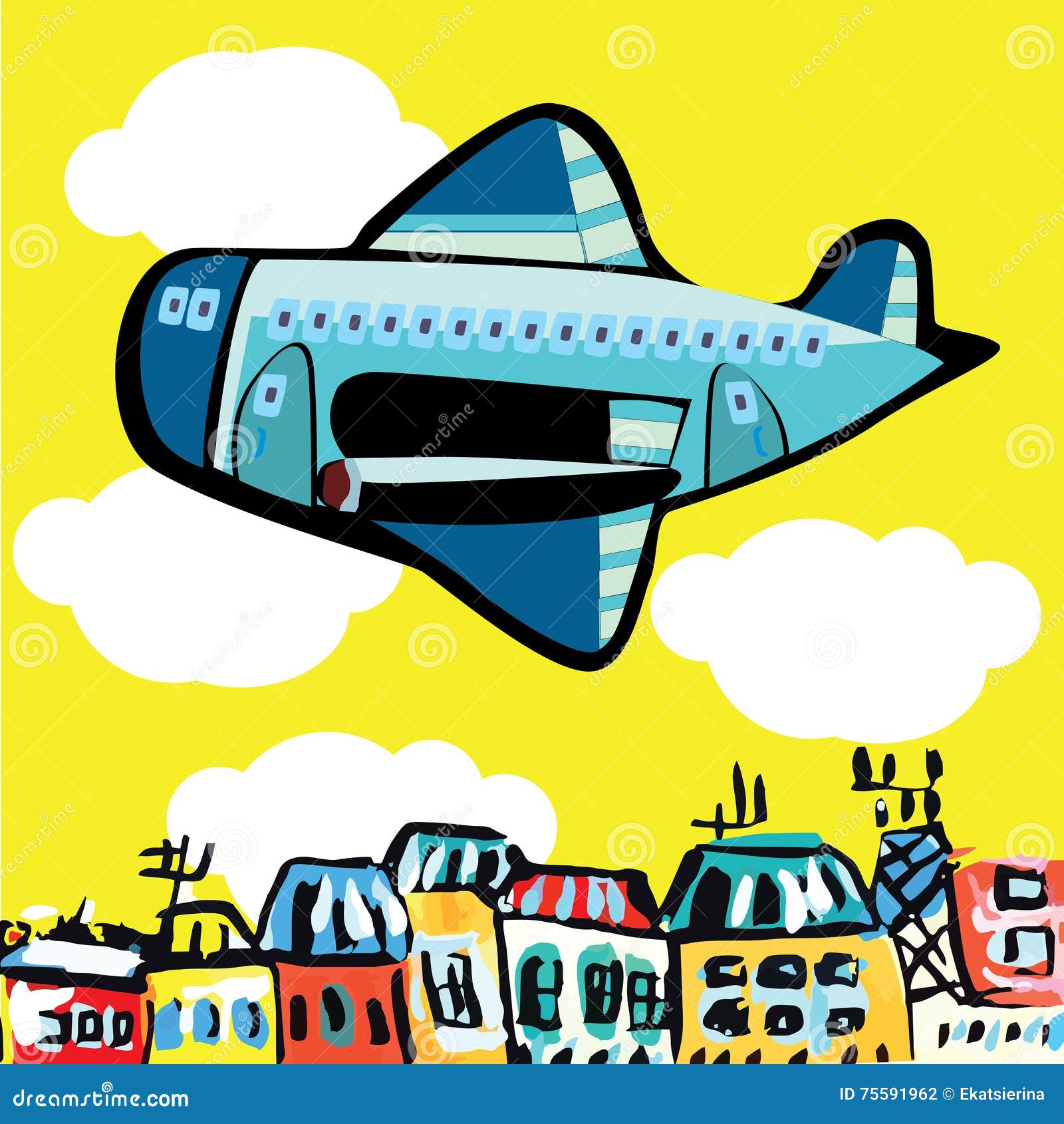 Cartoon Airplane Flying Over the City Stock Vector - Illustration of ...