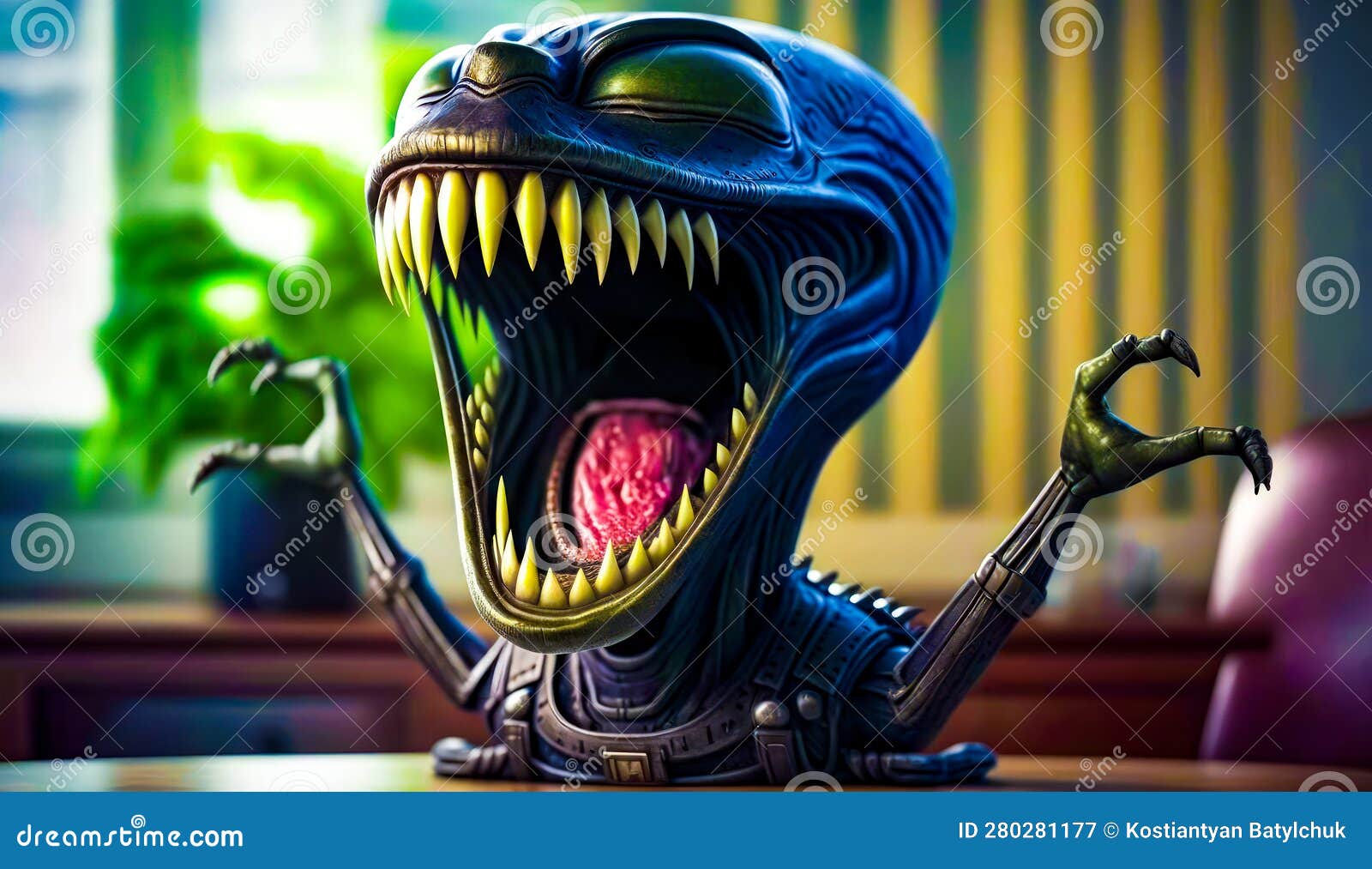 Cartoon Alien Sitting on Top of Table with Its Mouth Wide Open ...
