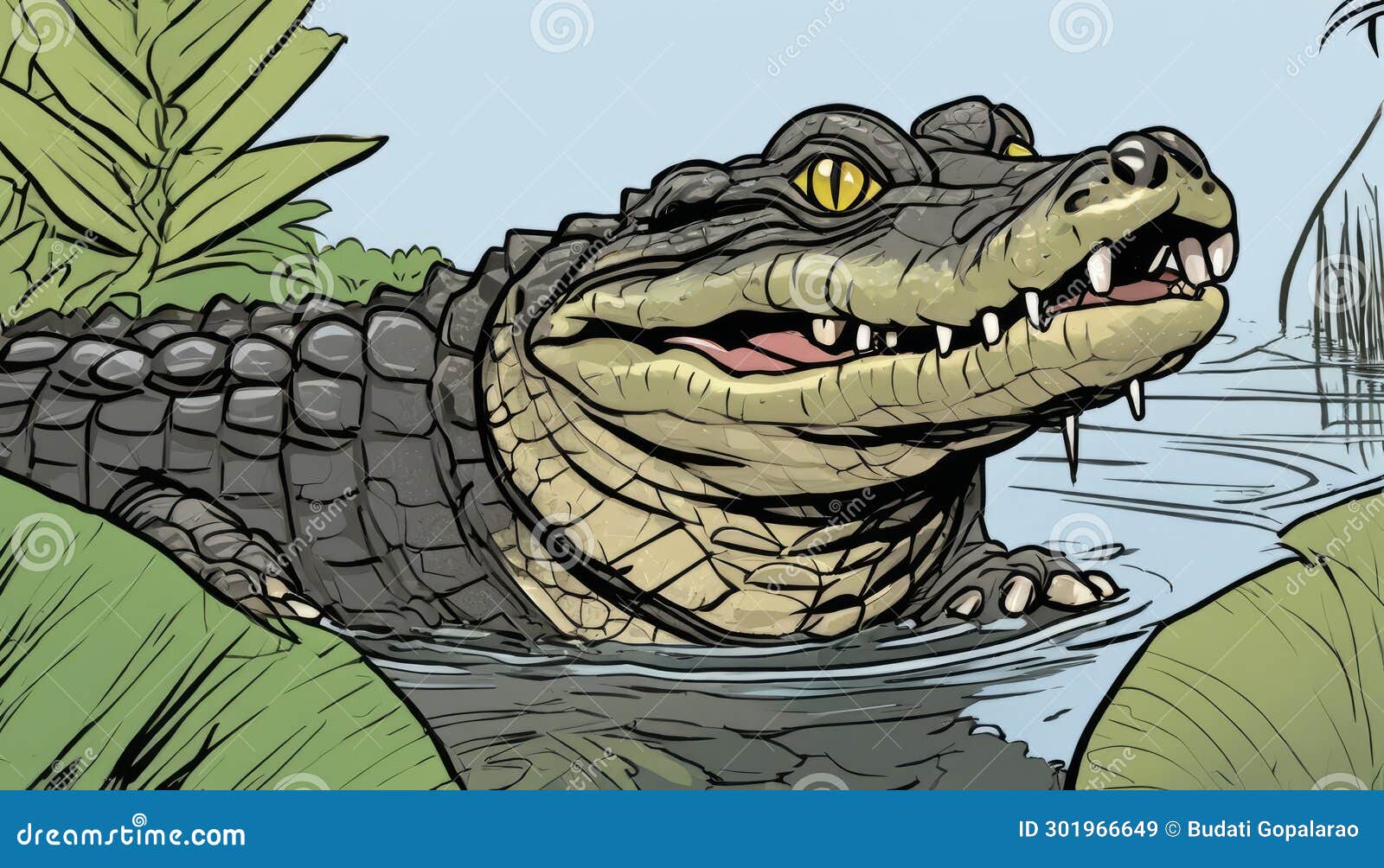 A Cartoon Alligator with Yellow Eyes Stock Illustration - Illustration ...