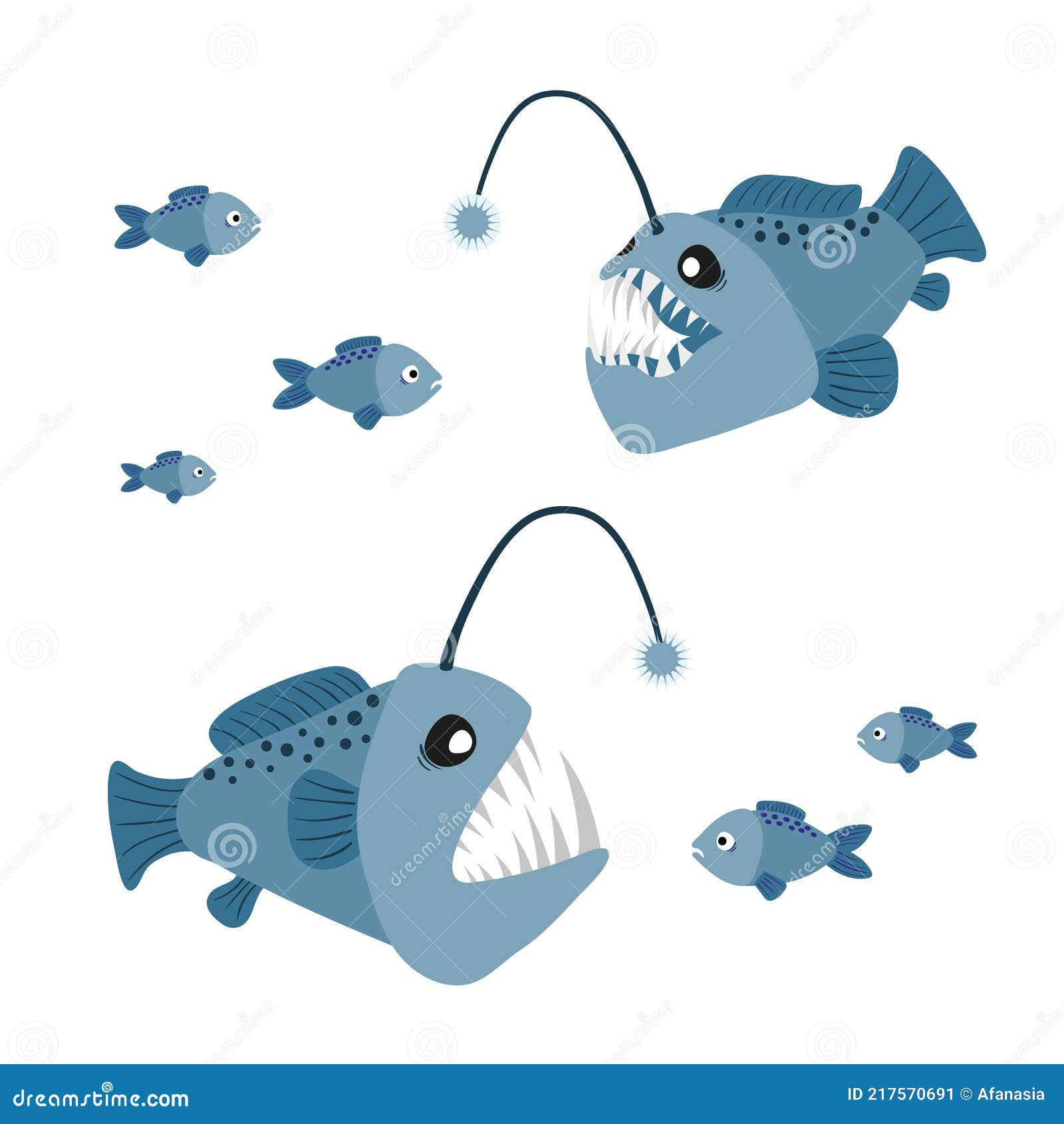 Cartoon Angler Fish Set. Vector Illustration of Anglerfish Characters ...