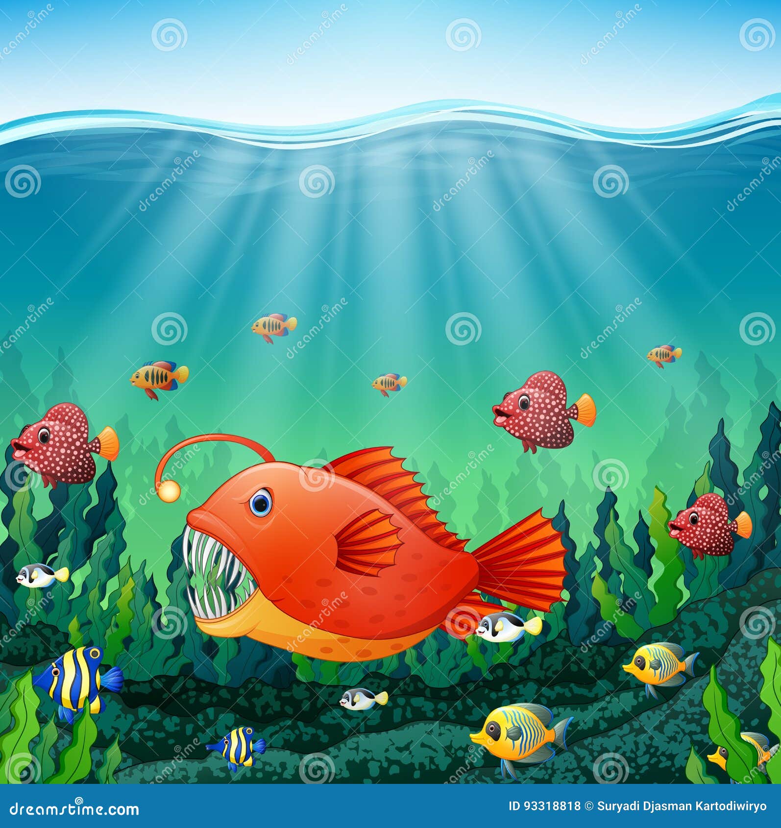 Cartoon Angler Fish Underwater Stock Vector - Illustration of brine ...