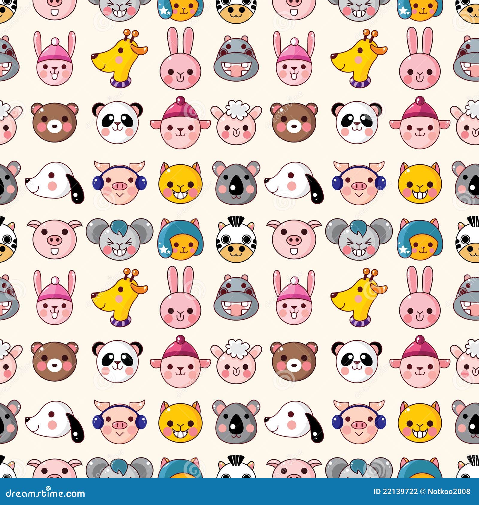 Cartoon Animal Face Seamless Pattern Stock Vector - Illustration of ...