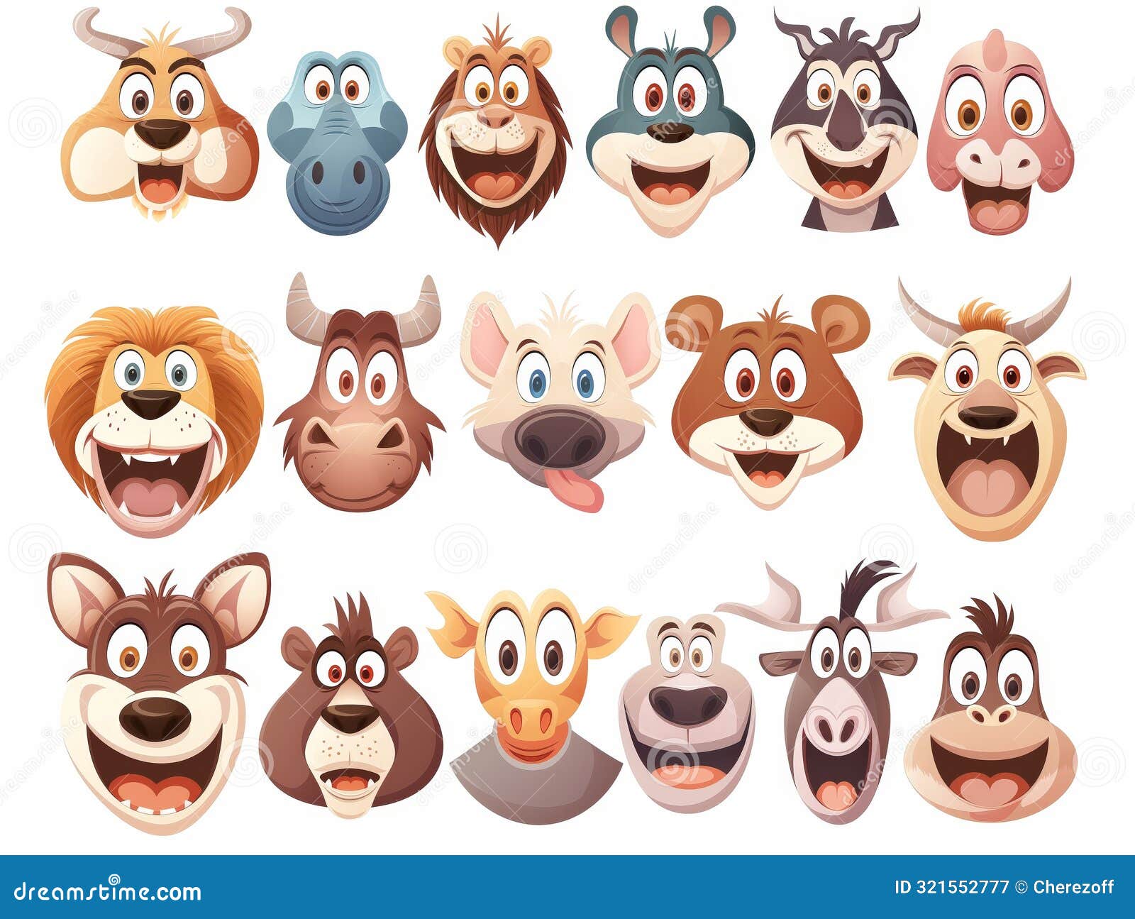 Cartoon Animal Faces with Various Expressions Stock Image - Image of ...