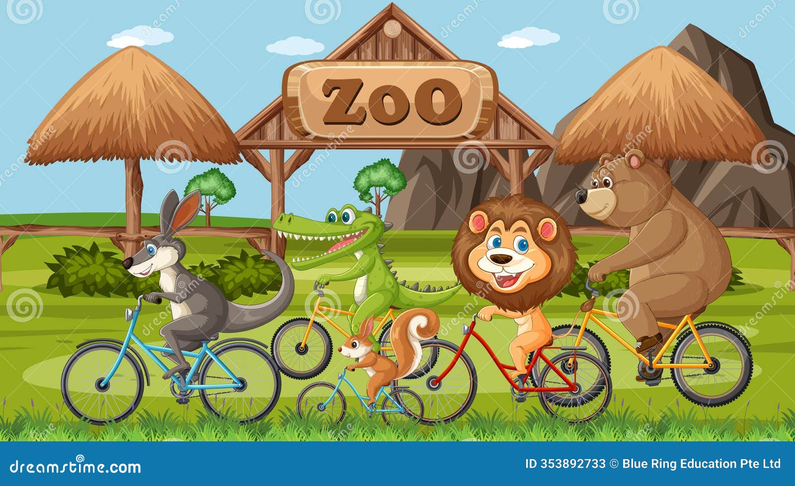 Cartoon Animals Cycling Together Stock Illustration - Illustration of ...