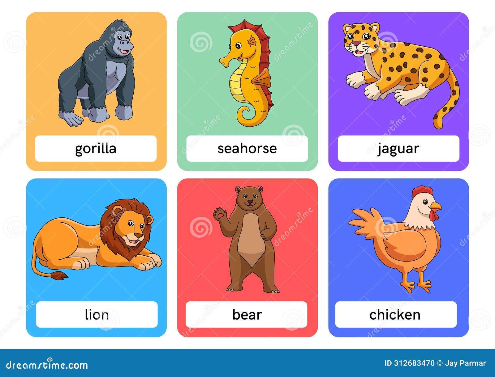 Cartoon Animals Flashcards - 6 Stock Illustration - Illustration of ...
