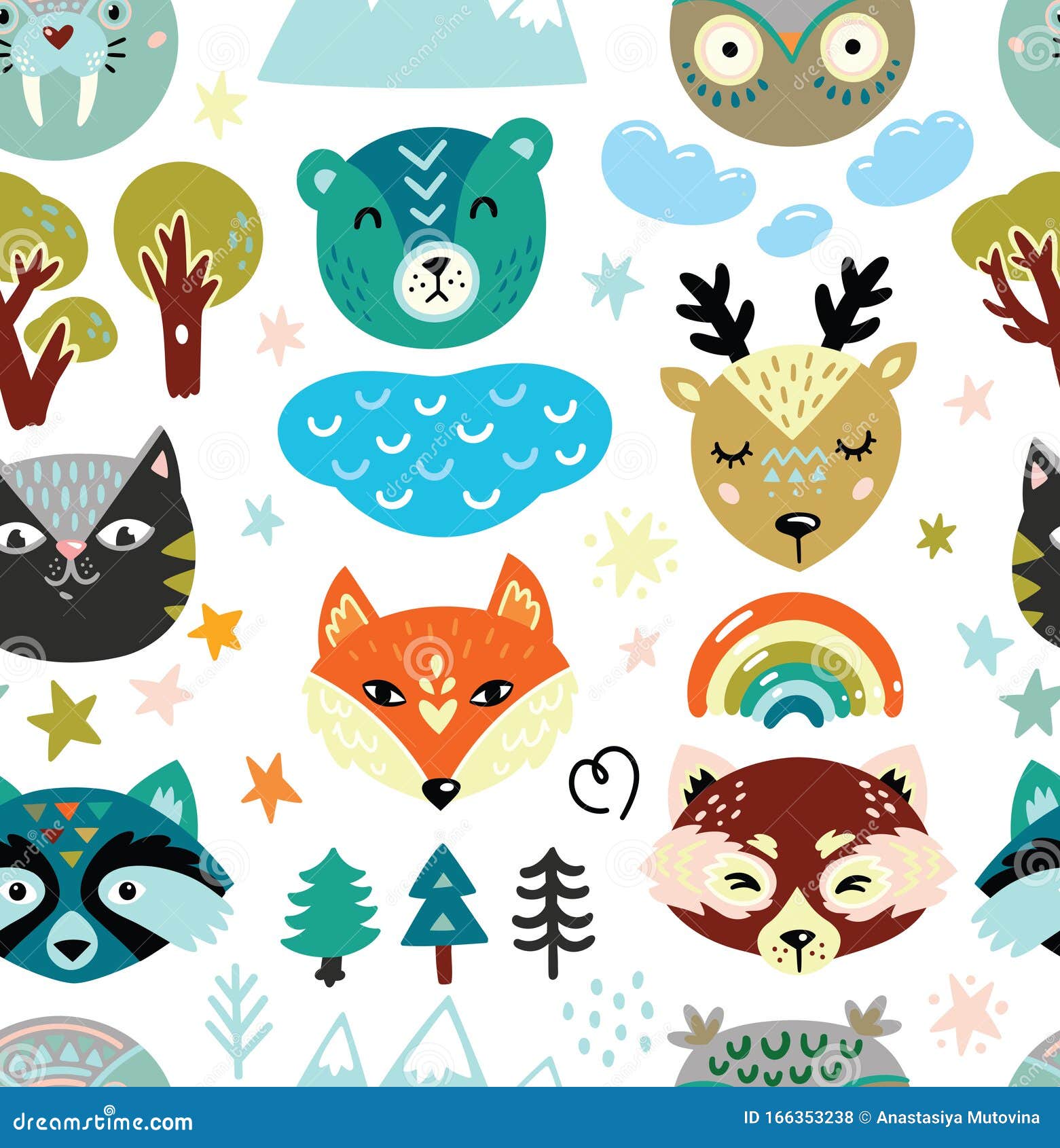 Cartoon Animals Heads and Nature Elements Seamless Pattern Stock Vector ...