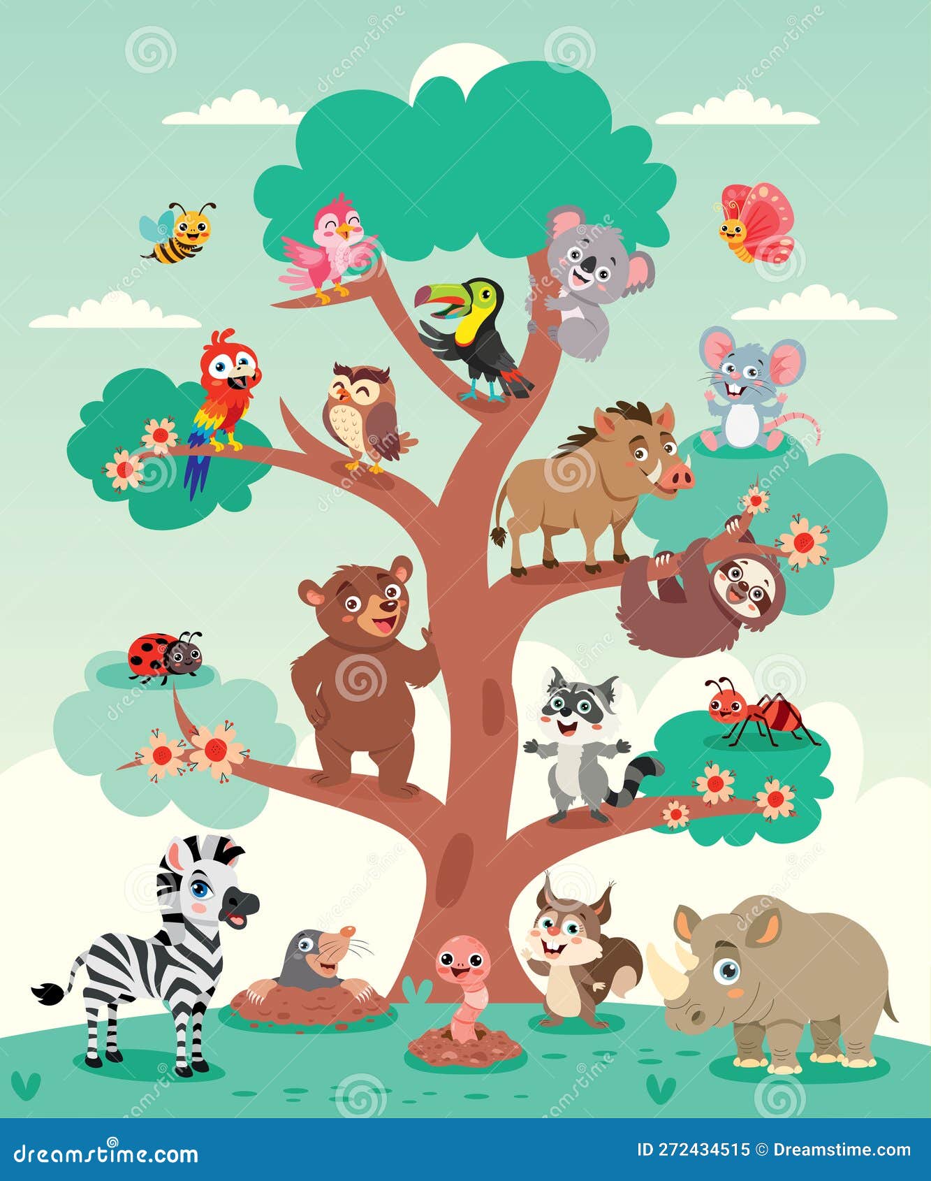 Cartoon Animals on a Tree stock illustration. Illustration of zebra ...
