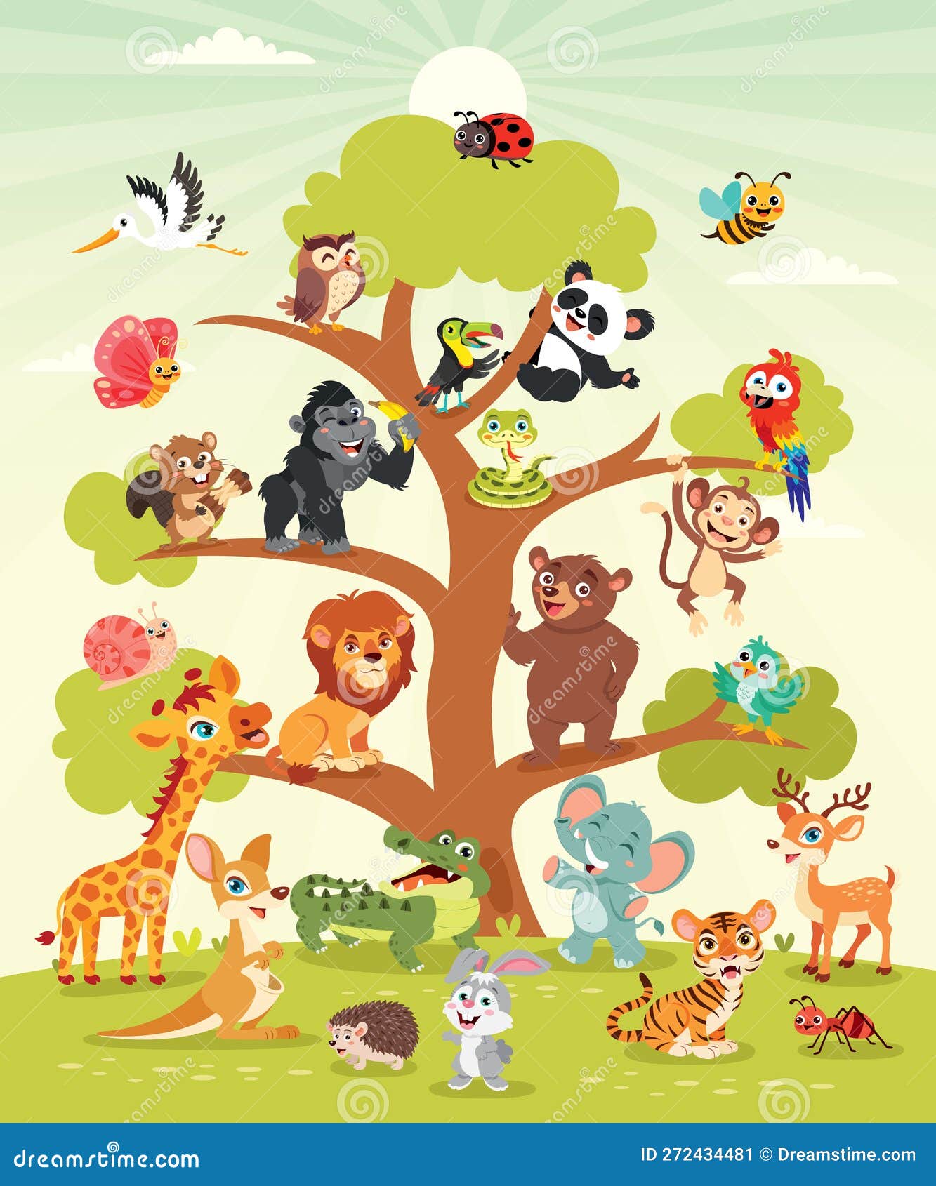 Cartoon Animals on a Tree stock illustration. Illustration of crocodile ...