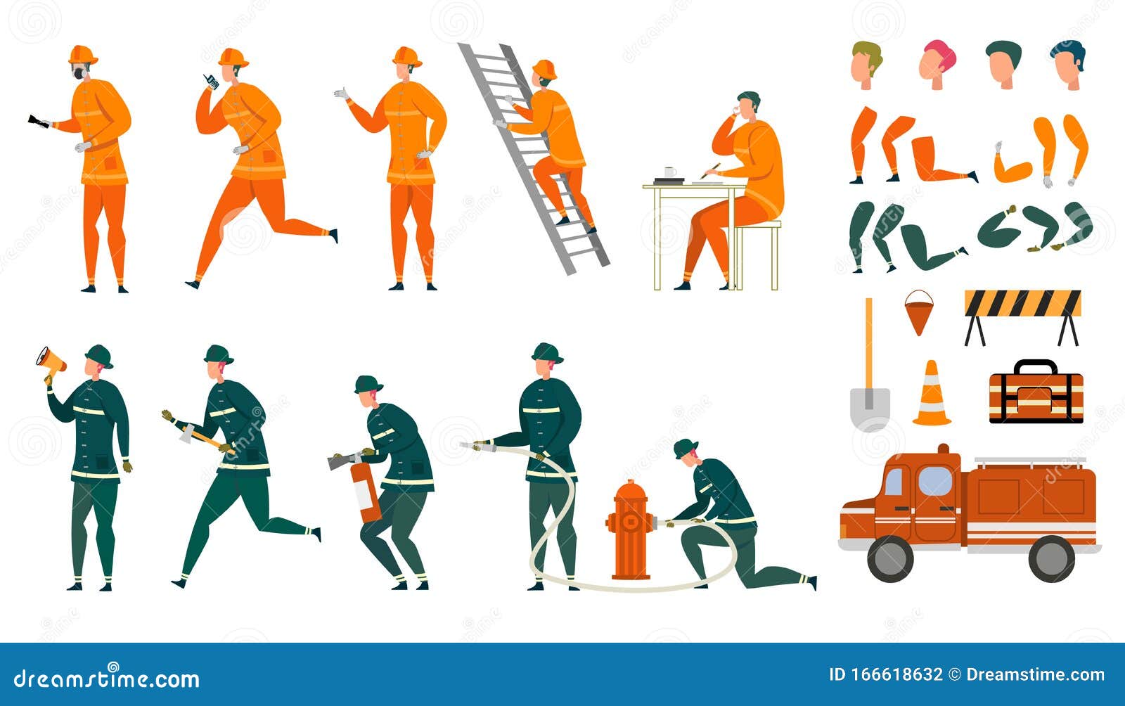 Fireman Characters. Firefighter Body Parts And Special Uniform With ...