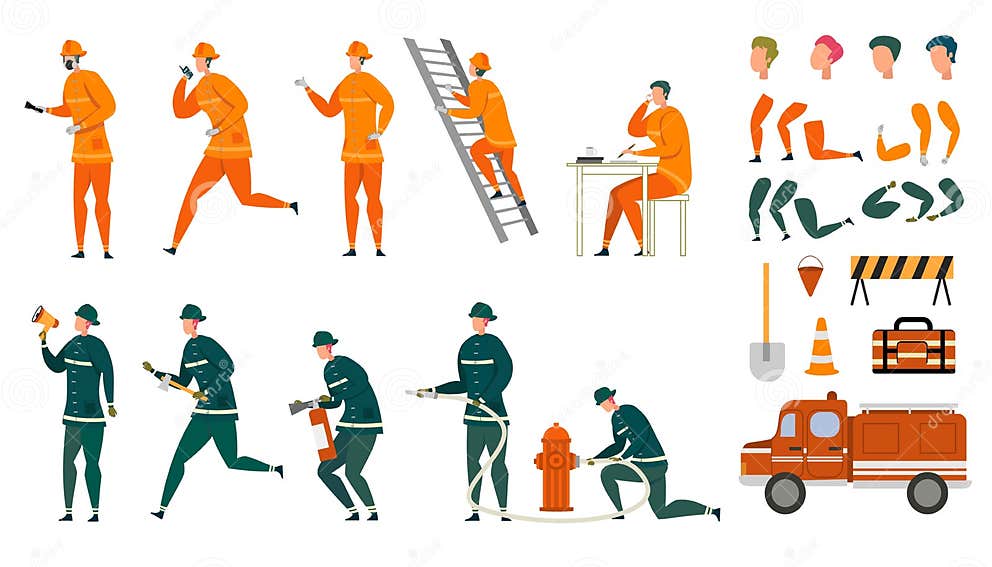 Cartoon Animated Fireman Characters Vector Set Stock Vector ...