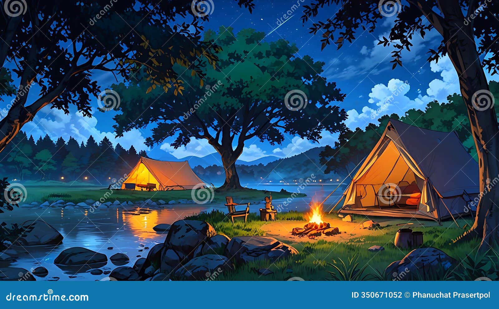 Cartoon Anime Style Camping by the River in Midnight Stock Illustration ...