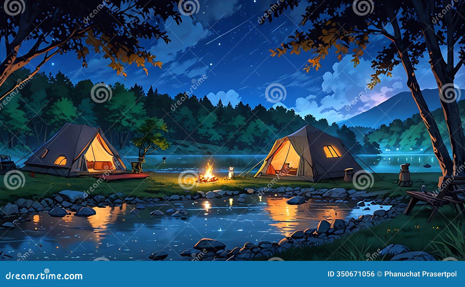 Cartoon Anime Style Camping by the River in Midnight Stock Illustration ...