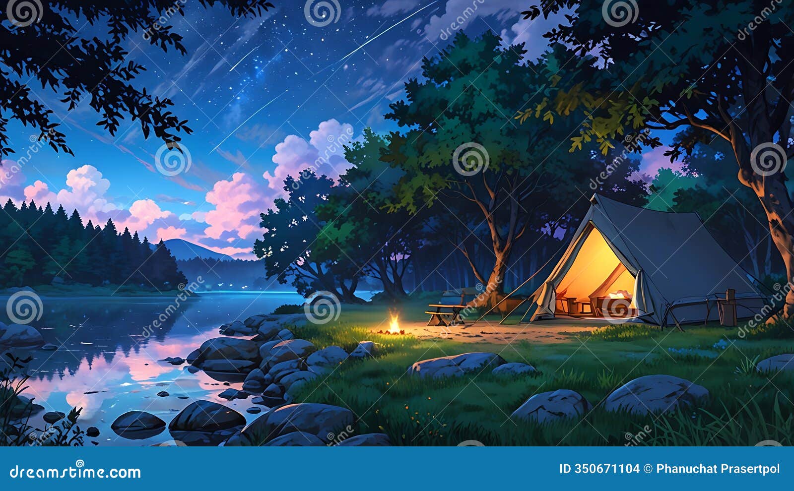 Cartoon Anime Style Camping by the River in Midnight Stock Illustration ...