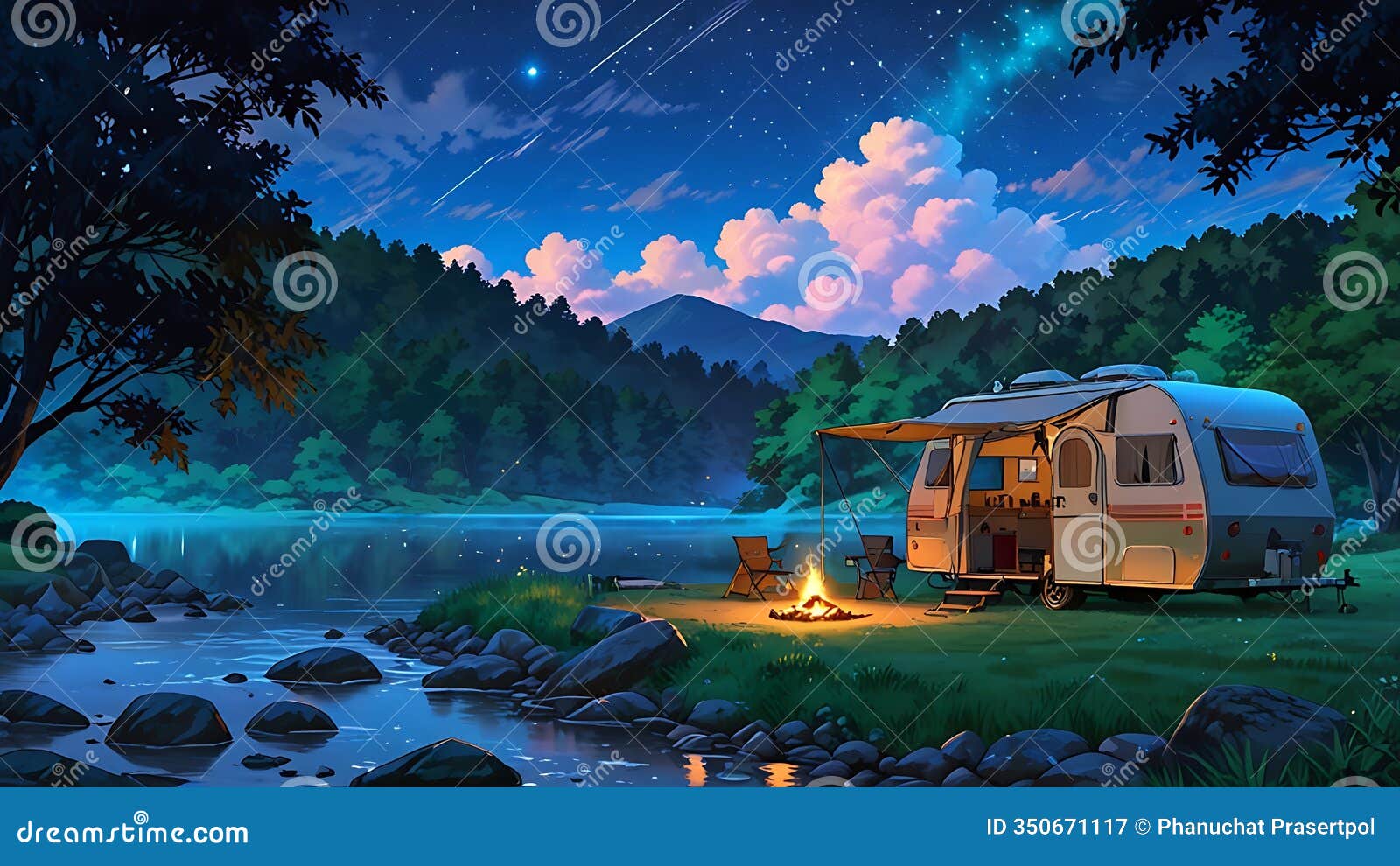 Cartoon Anime Style Camping by the River in Midnight Stock Illustration ...