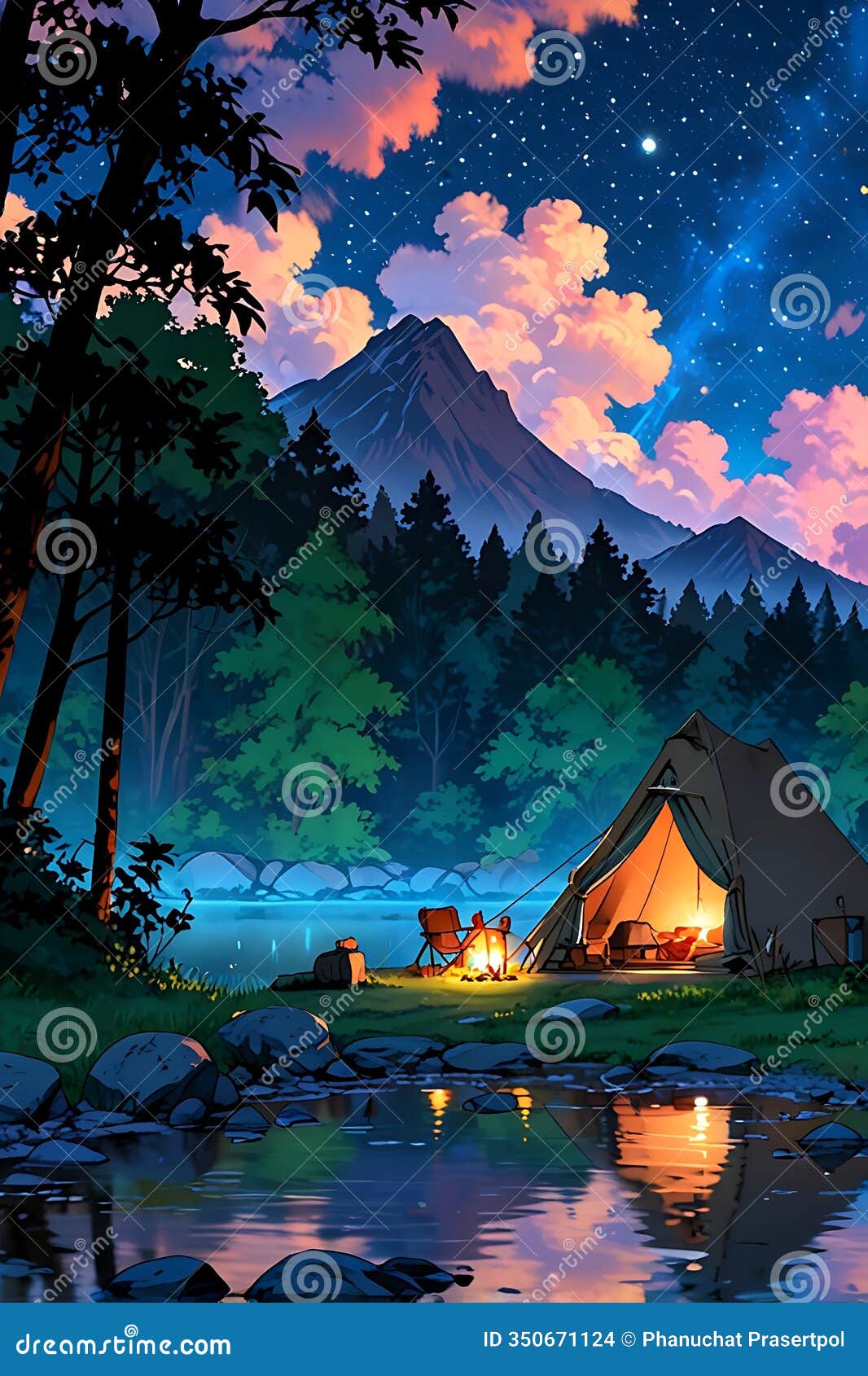 Cartoon Anime Style Camping by the River in Midnight Stock Illustration ...