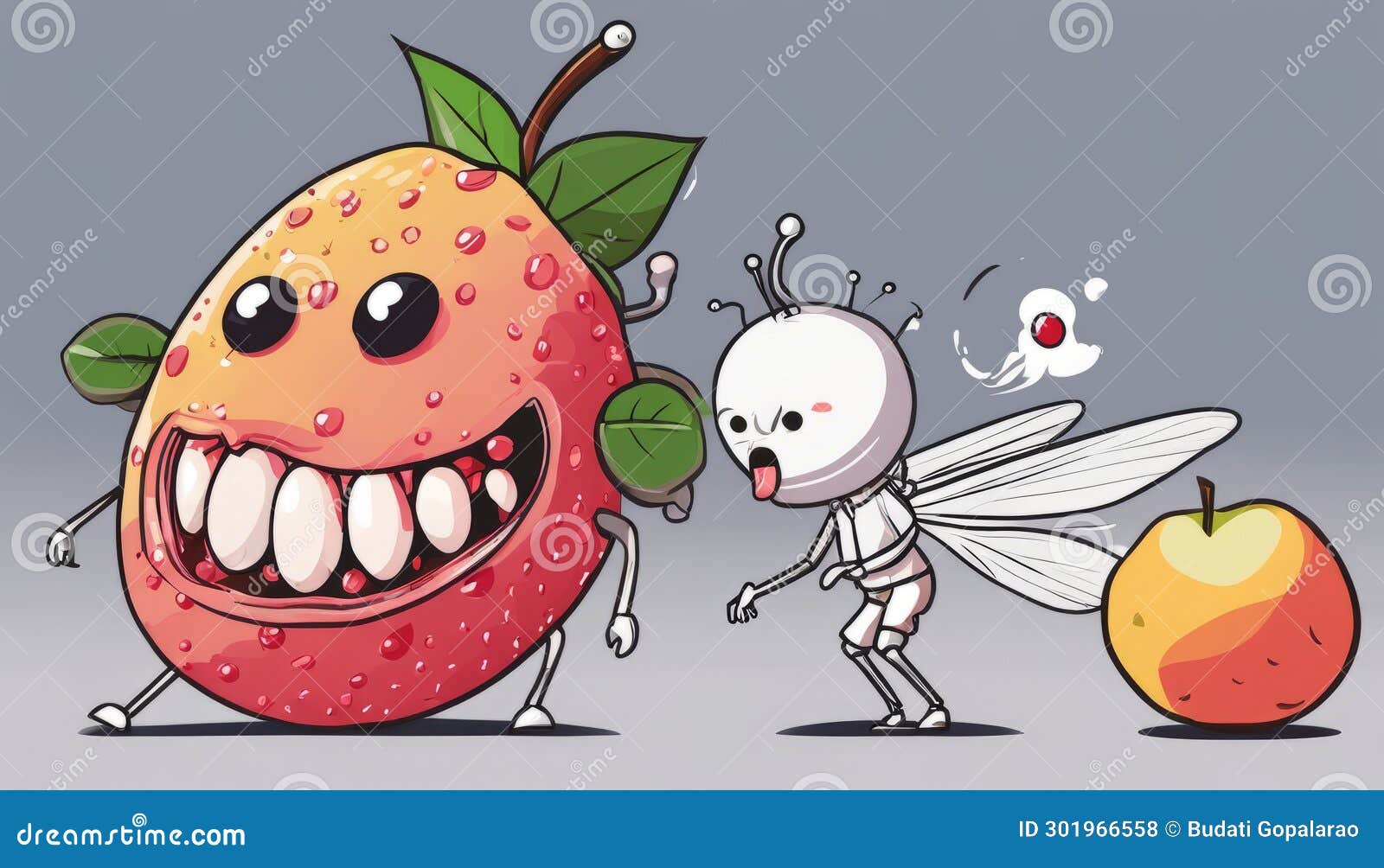 A Cartoon Apple with a Tooth and a Cartoon Fly with a Tooth Stock ...