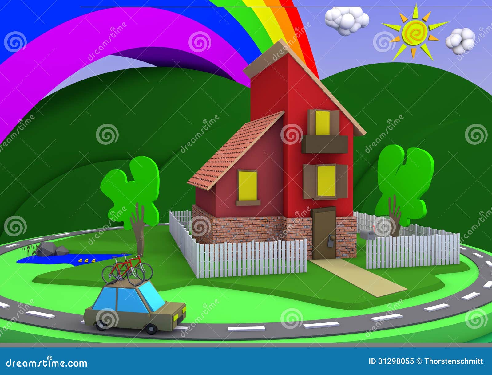 Cartoon Architecture House with a Great Landscape and a Rainbow Stock ...