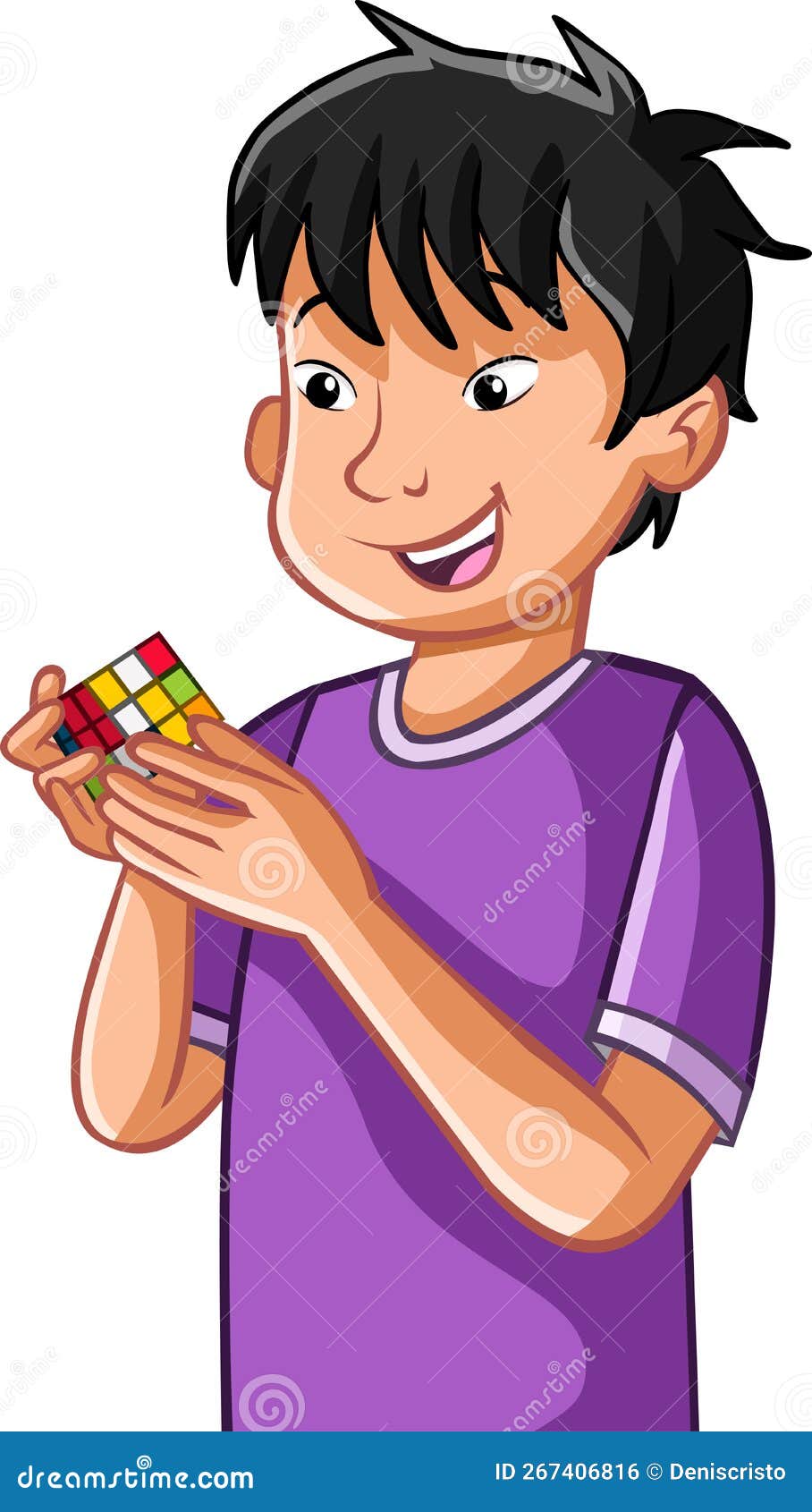Cartoon Asian Boy Playing with Rubik`s Cube. Stock Vector ...