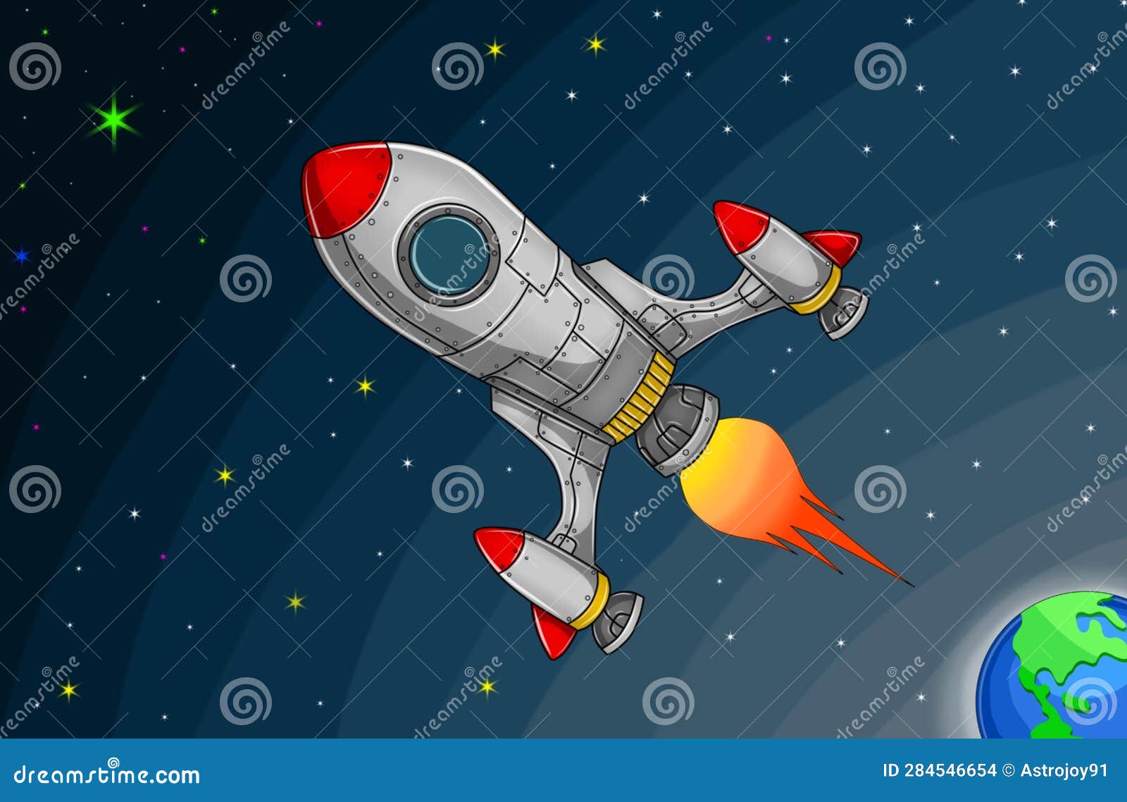 Cartoon Astronaut Rocket Launch from Earth To the Space Stock ...