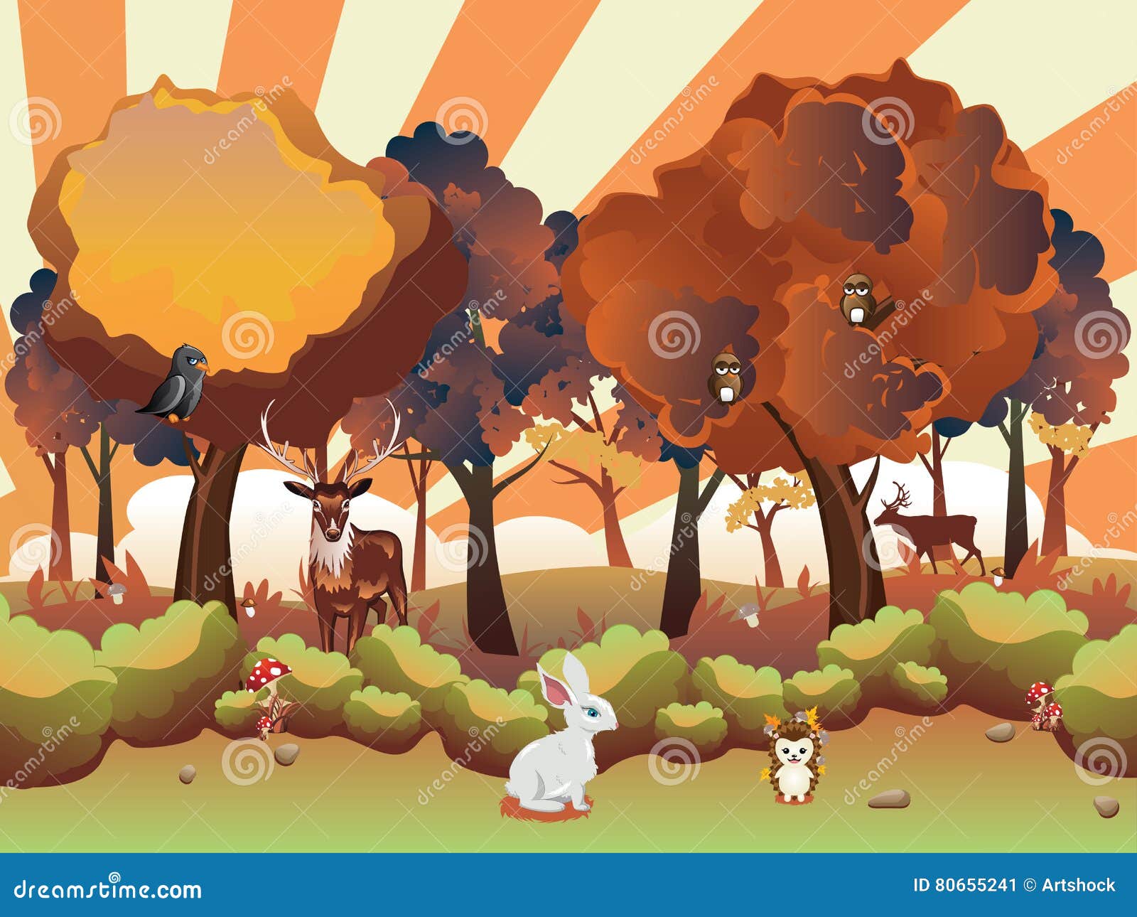 Cartoon Autumn Forest with Animals Stock Vector - Illustration of ...