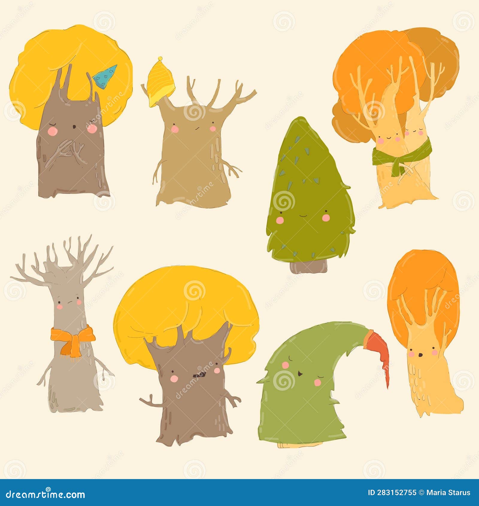 Cartoon Autumn Set with Cute Colorful Trees Stock Vector - Illustration ...