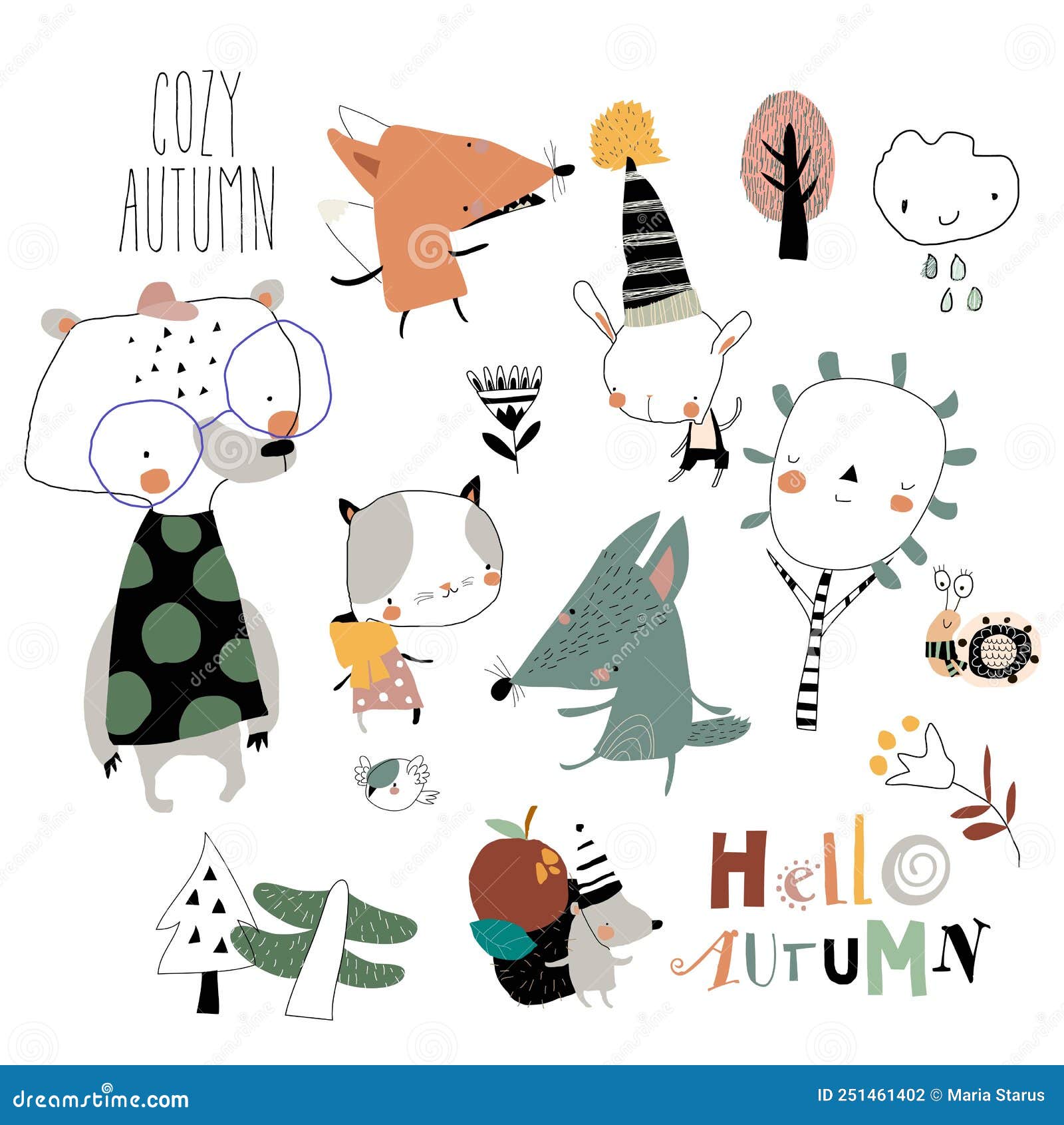 Cartoon Autumn Set with Funny Animals and Trees Stock Vector ...