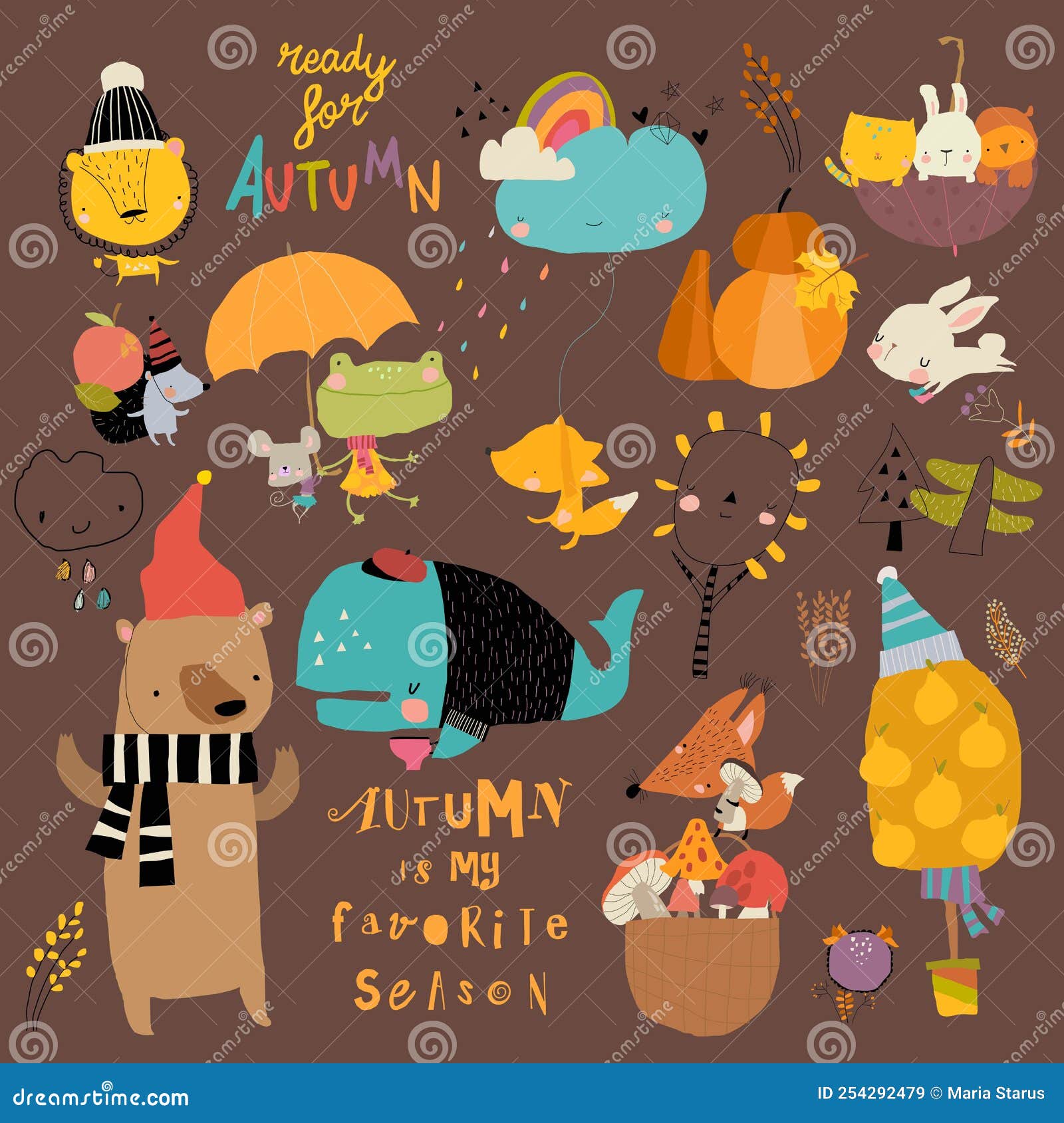 Cartoon Autumn Set with Funny Animals and Trees Stock Vector ...