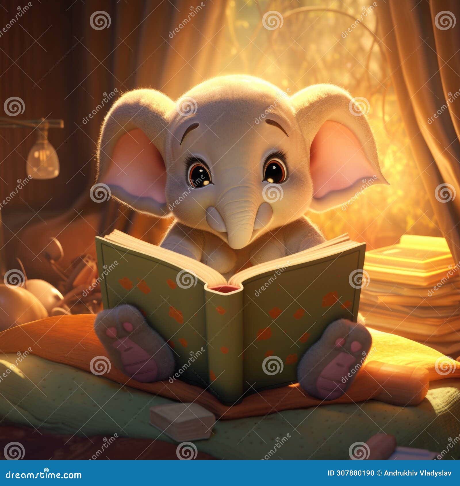 Cartoon of a Baby Elephant Reading a Book Stock Illustration ...