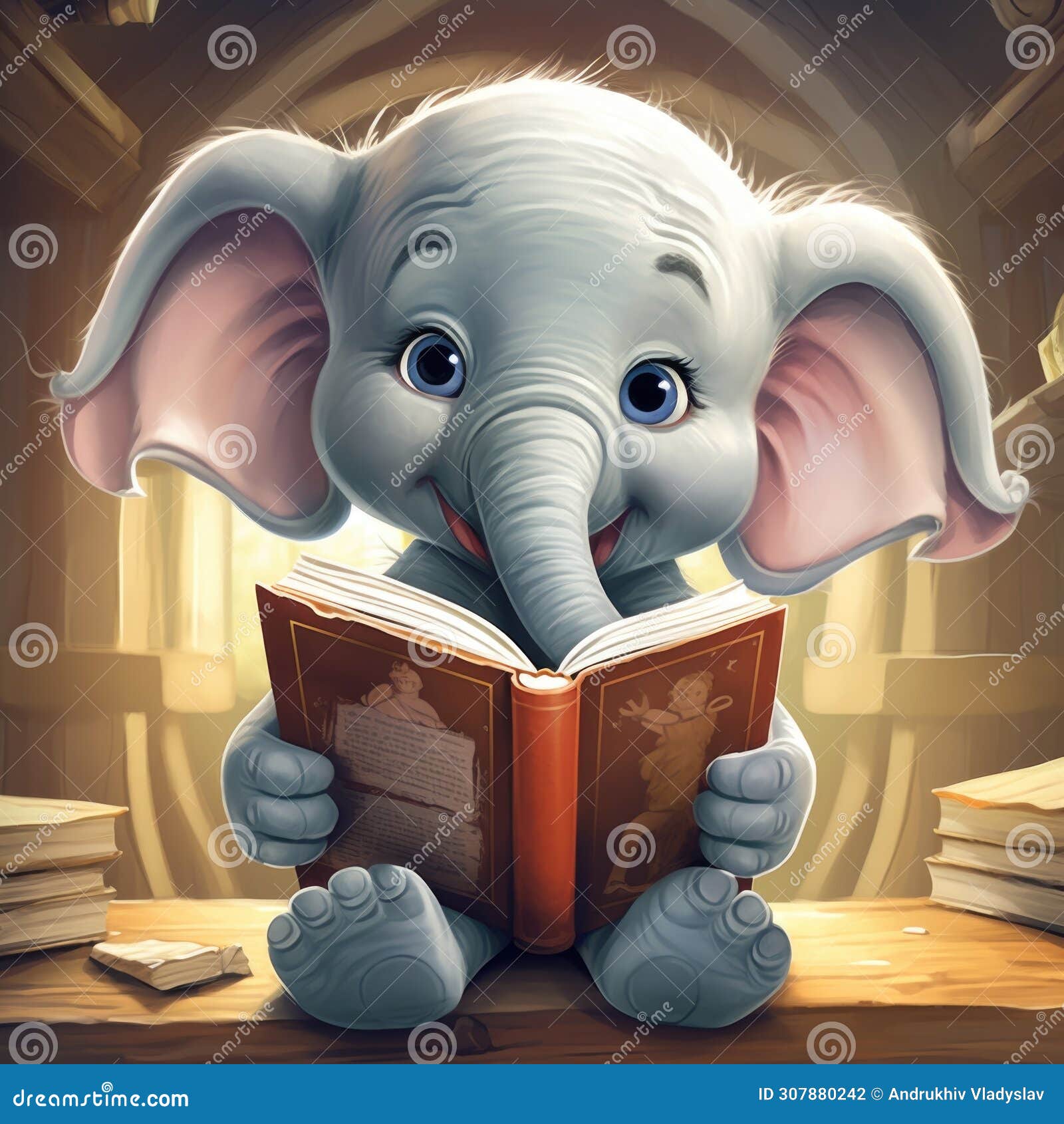 Cartoon of a Baby Elephant Reading a Book Stock Illustration ...