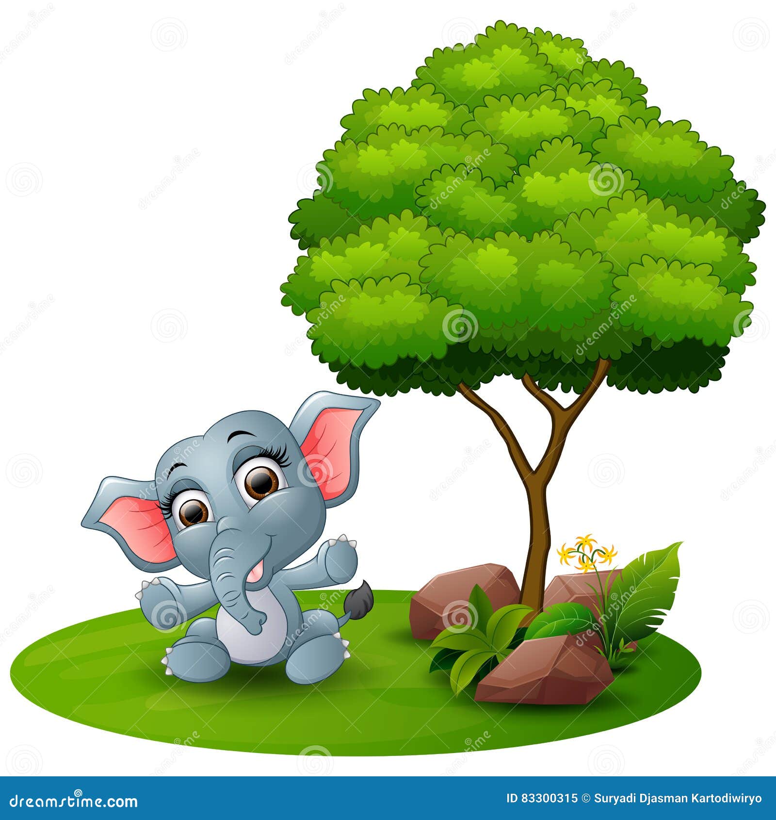 Cartoon Baby Elephant Sitting Under a Tree on a White Background Stock ...