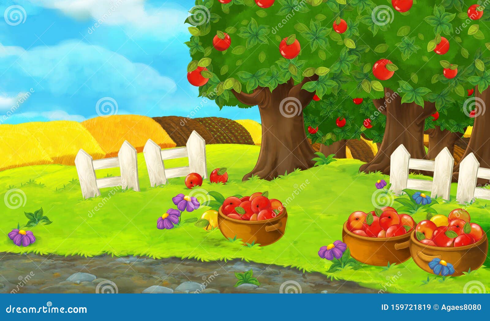 Cartoon Background of a Farm with Fields and Apple Trees Stock ...