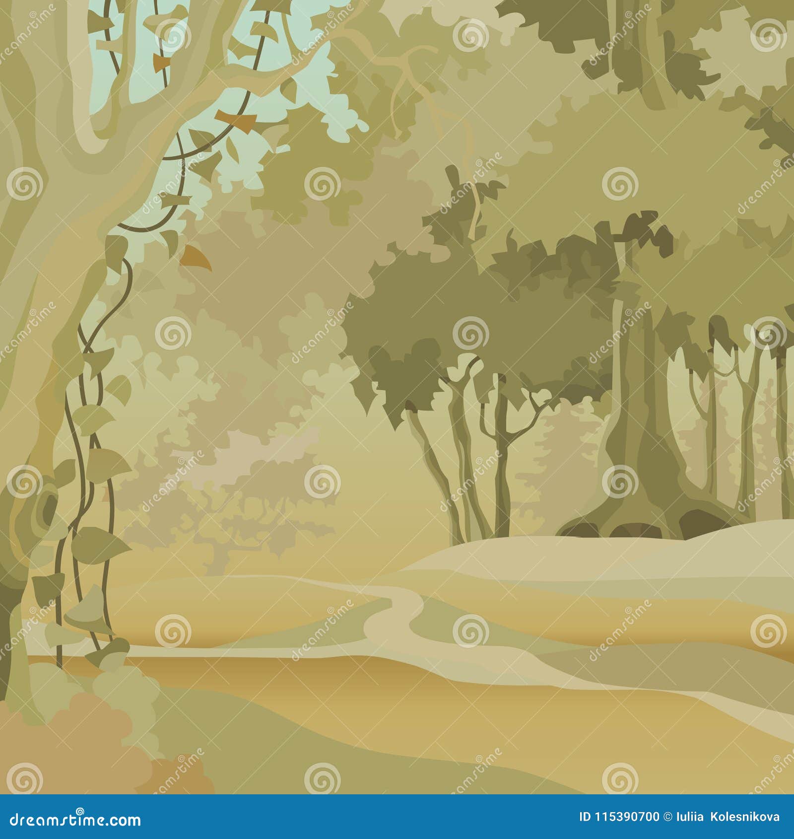 Cartoon Background of a Forest with Deciduous Trees in an Ocher Green ...