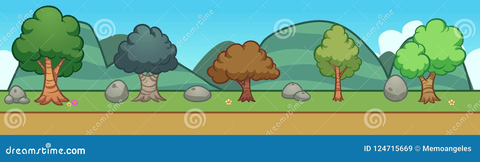 Cartoon Background with Trees and Rocks Stock Vector - Illustration of ...