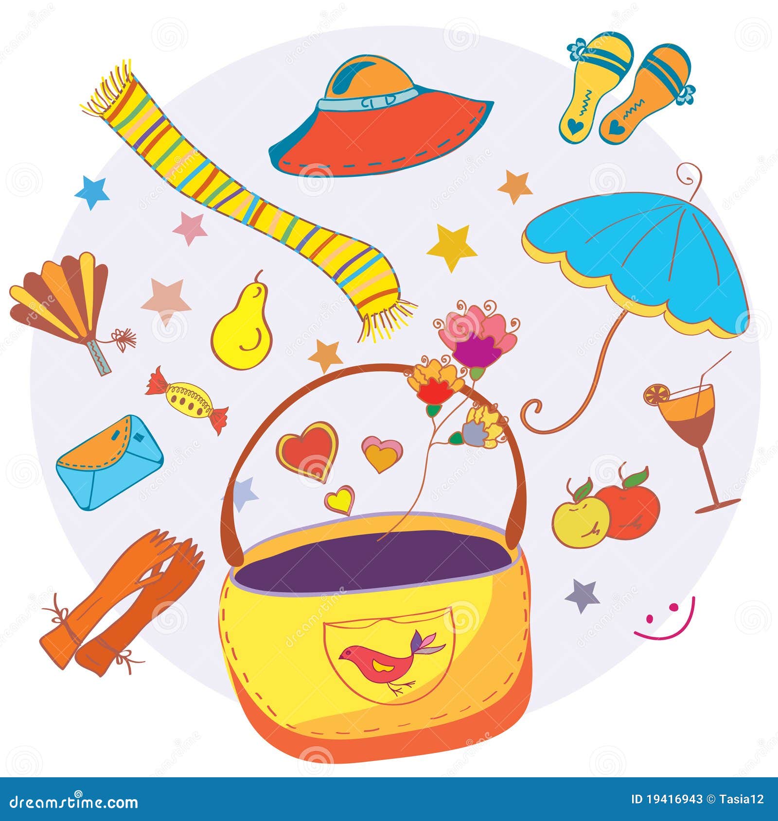 Cartoon Bag with Funny Objects Stock Vector - Illustration of ...