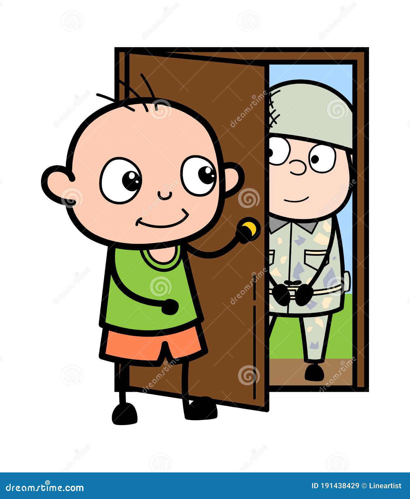 Cartoon Bald Boy Opening Door Stock Illustration - Illustration of home ...
